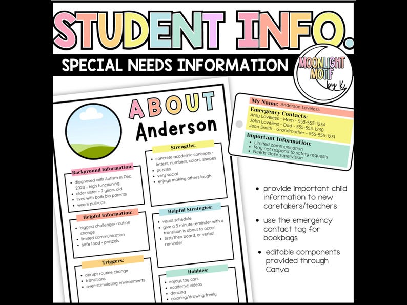 Special Needs About Me Information Sheet & Backpack Card, Autism ...