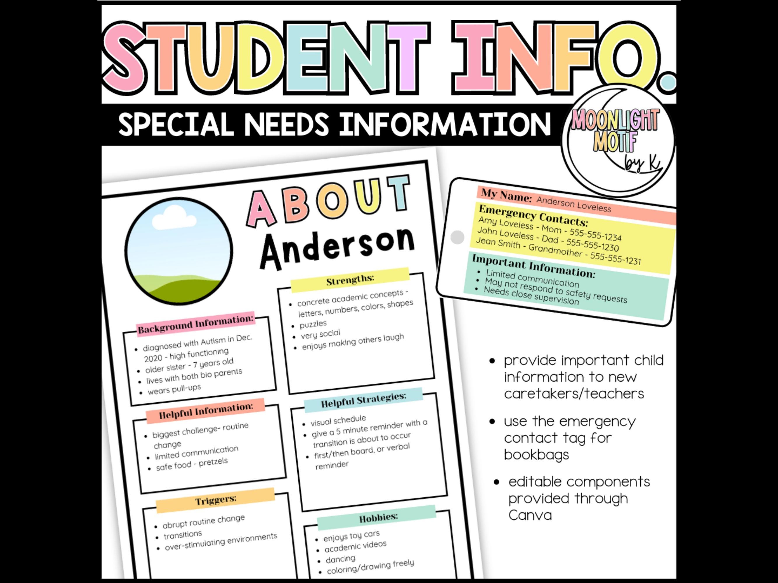 Special Needs About Me Information Sheet & Backpack Card, Autism ...