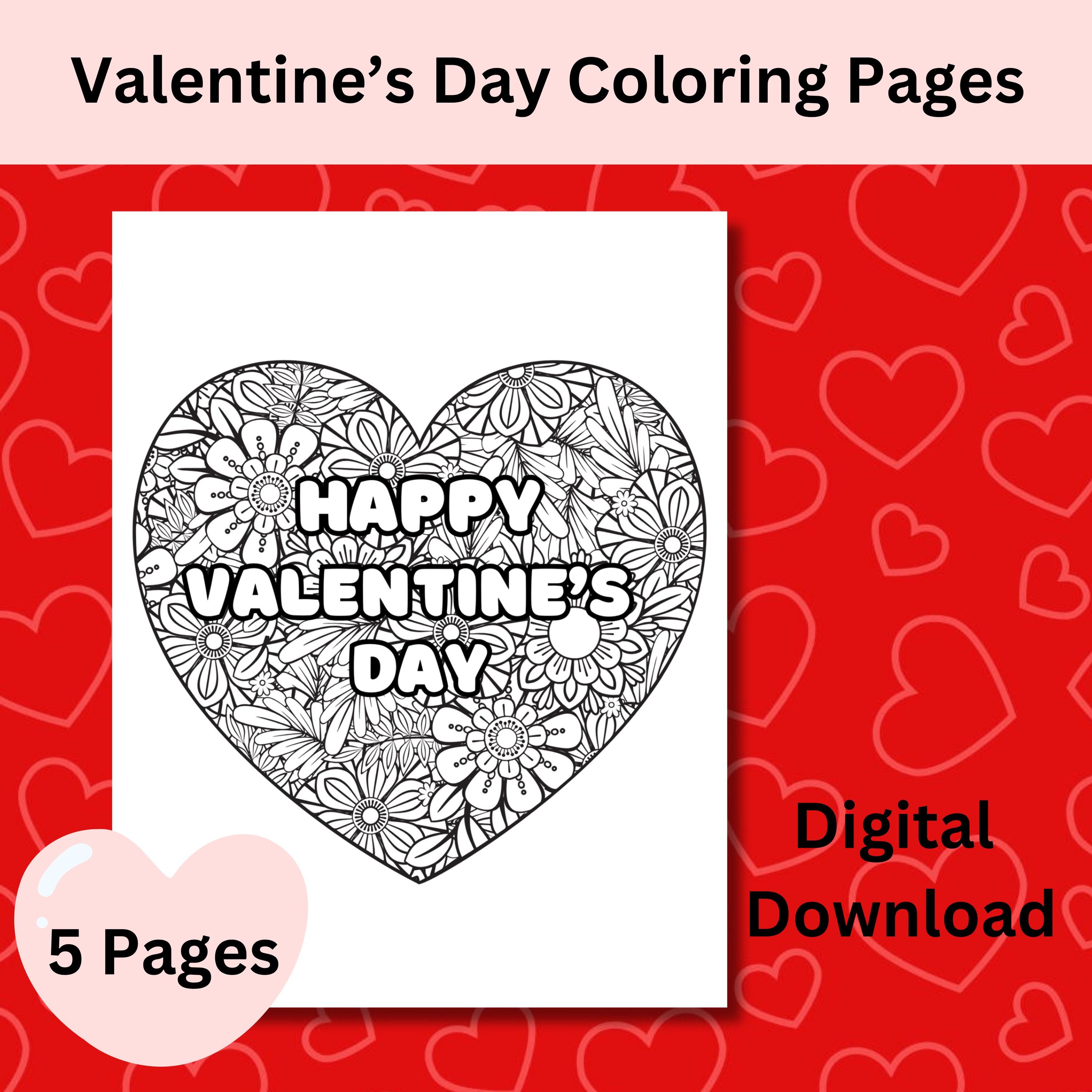 Valentines Day Adult Coloring Page Set Fun Activity Printable Coloring ...