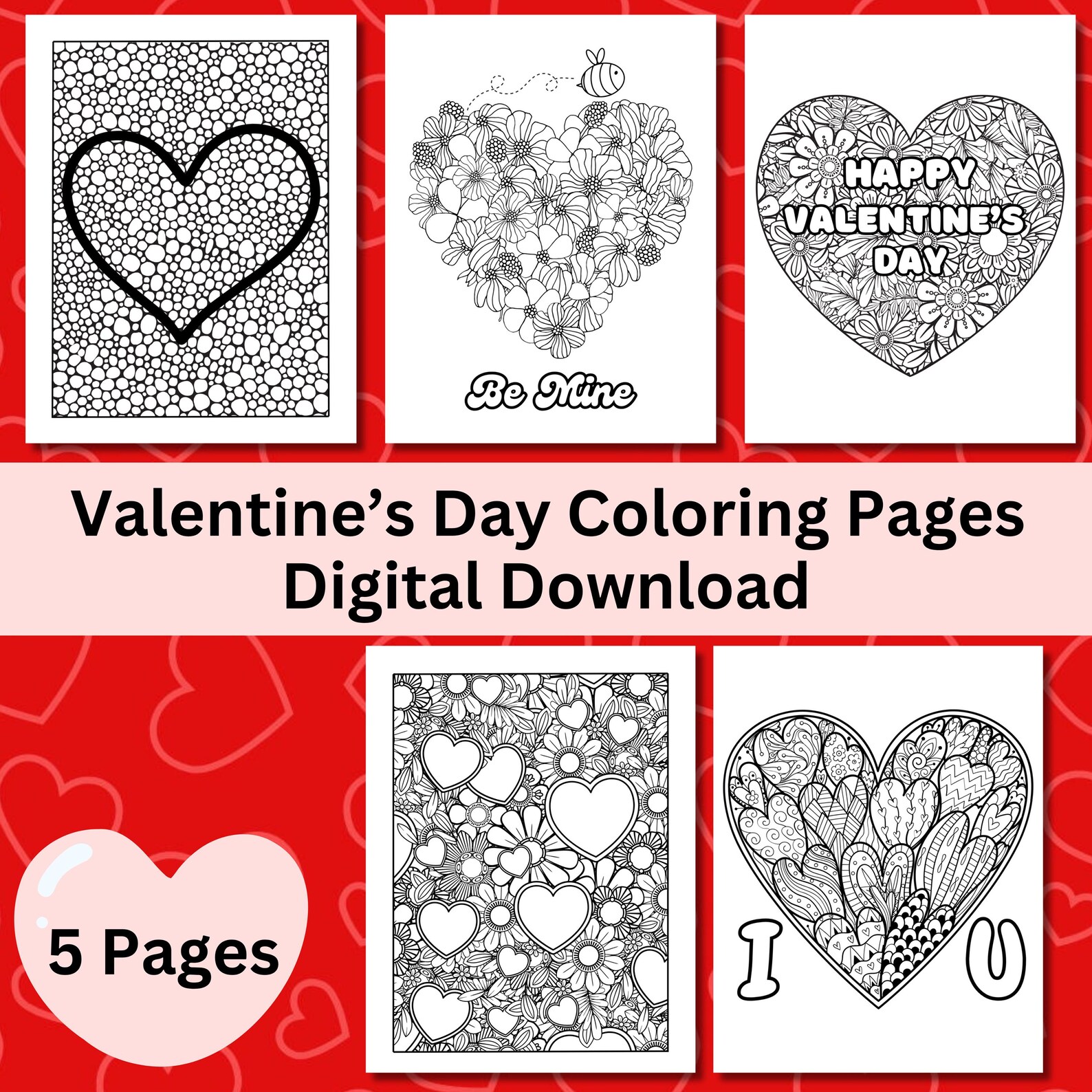 Valentines Day Adult Coloring Page Set Fun Activity Printable Coloring ...