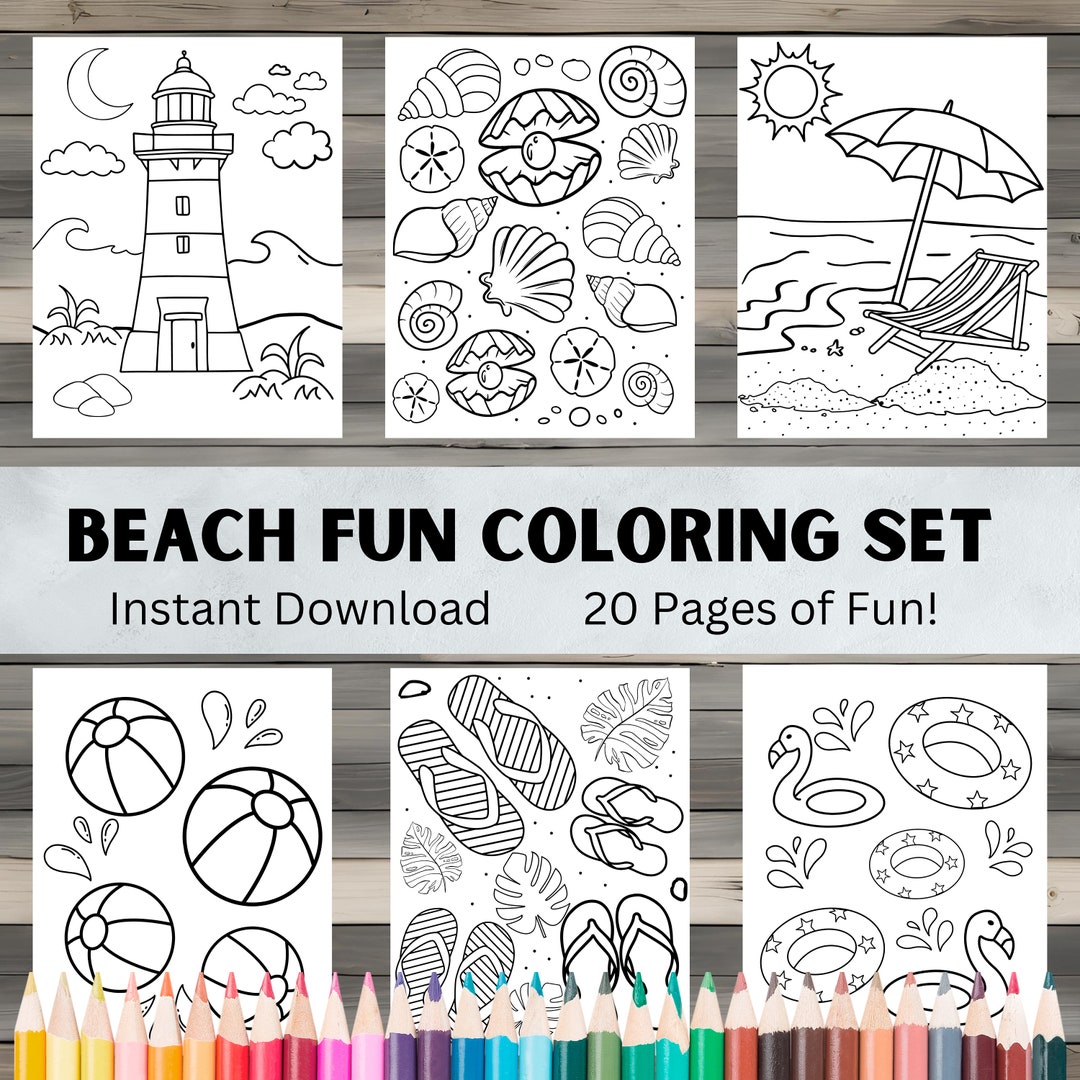 Beach Fun Coloring Set Summer Fun Digital Download Printable Coloring ...