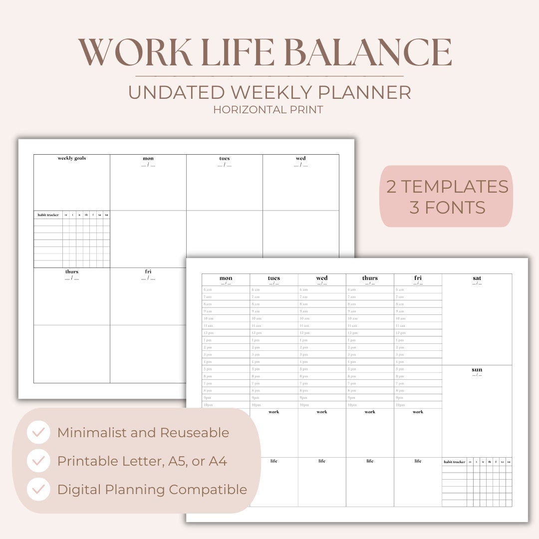 Undated Weekly Planner Landscape Minimalist Printable Planner Digital ...