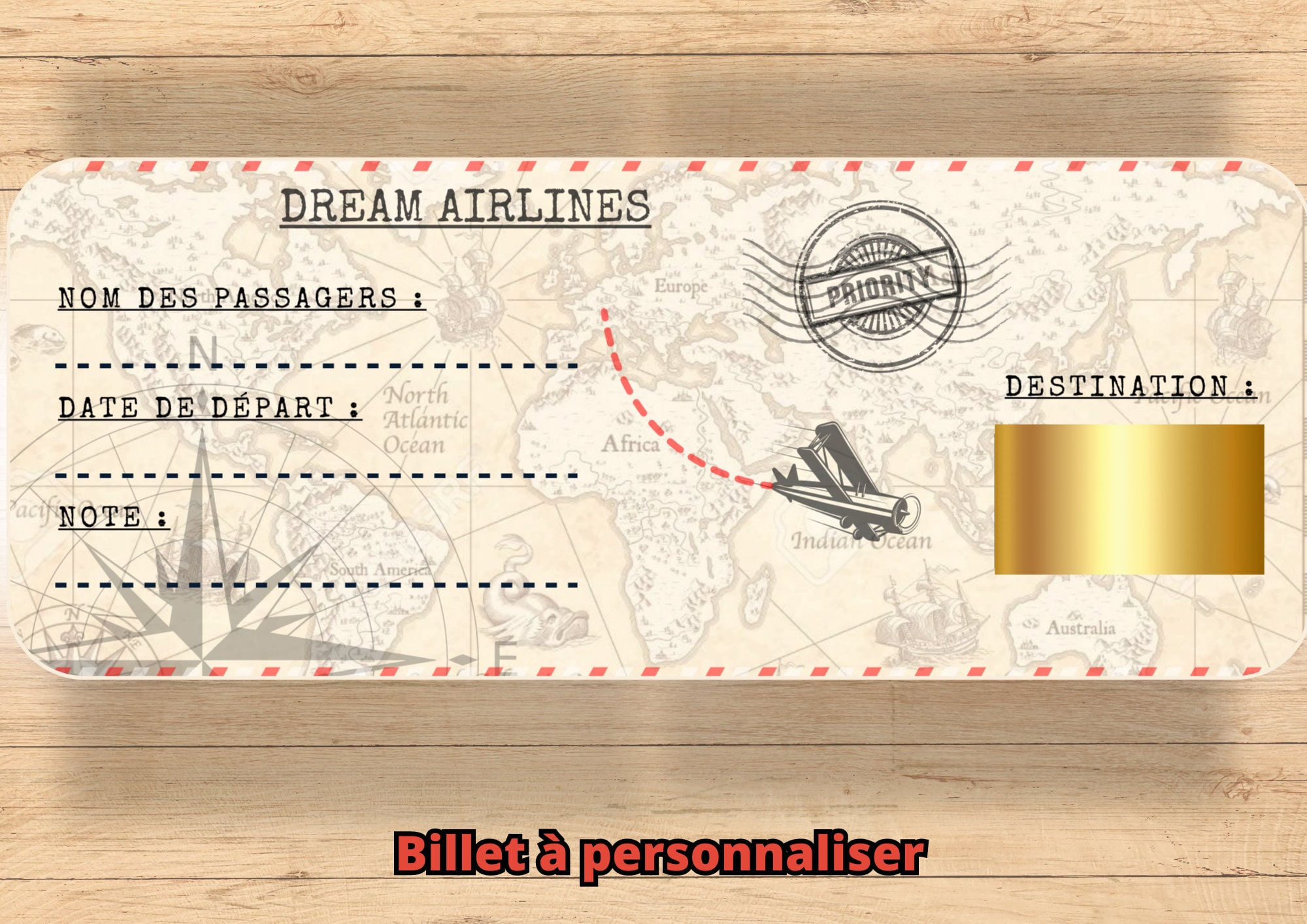 Carte d'embarquement personnalisée, carte à gratter ,billet d'avion ...