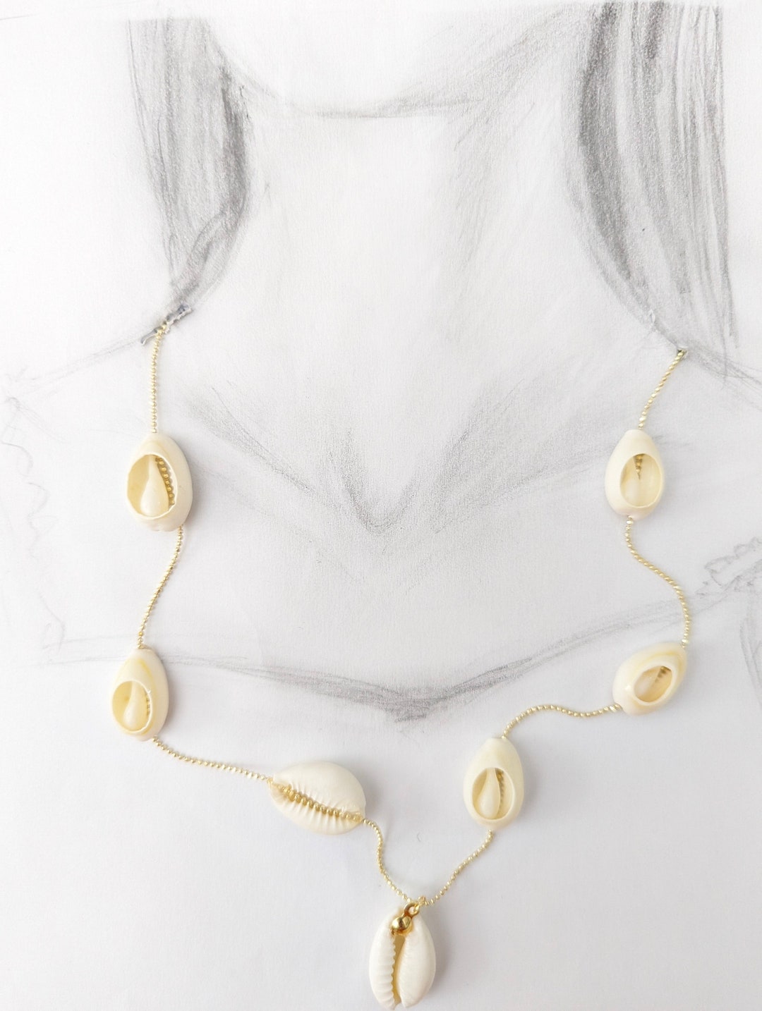 White Cowrie Shell and Gold Chain Necklace With Lobster Clasp, Sea ...