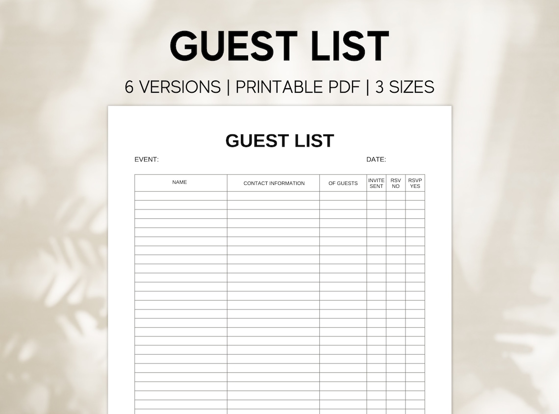 Printable Guest List Template RSVP Tracker Printable Event Planner Log ...