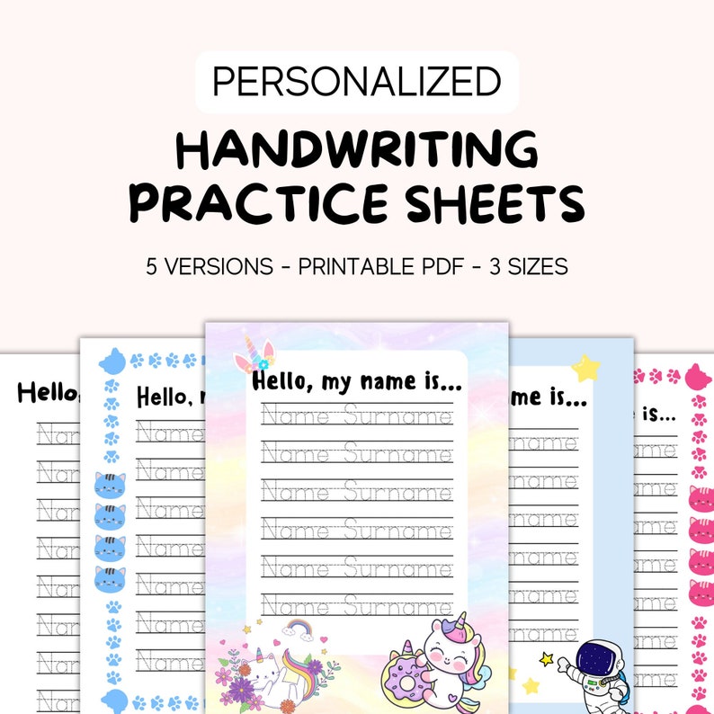 5 Versions PERSONALIZED Handwriting Practice Printable Pdf Cute Cursive ...