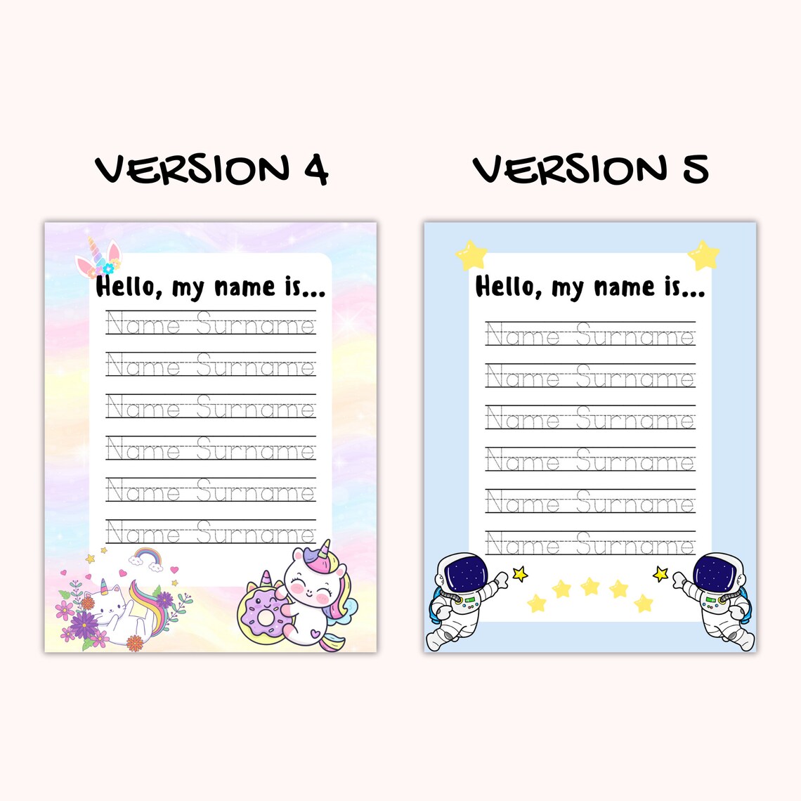 5 Versions PERSONALIZED Handwriting Practice Printable Pdf Cute Cursive ...