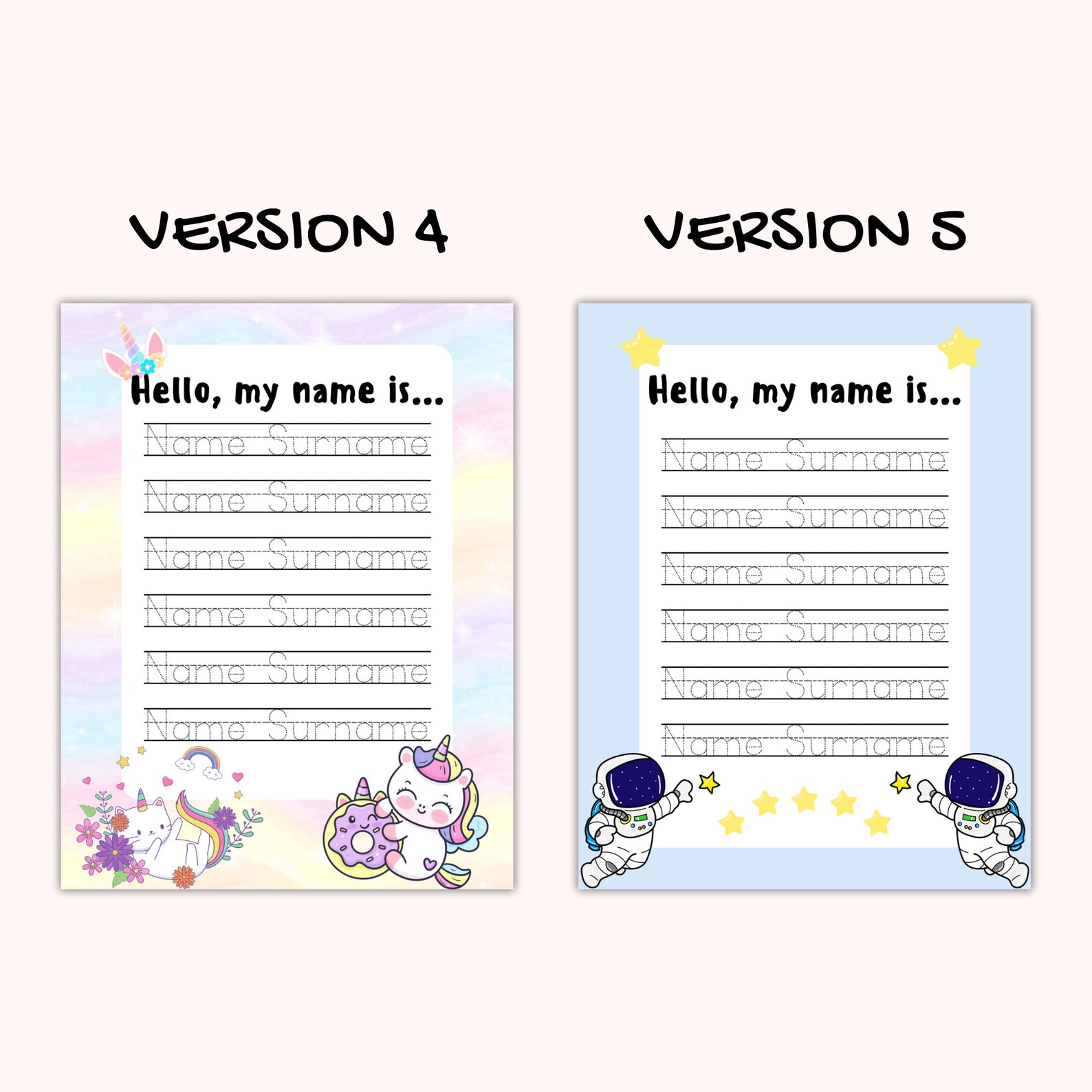 5 Versions PERSONALIZED Handwriting Practice Printable Pdf Cute Cursive ...