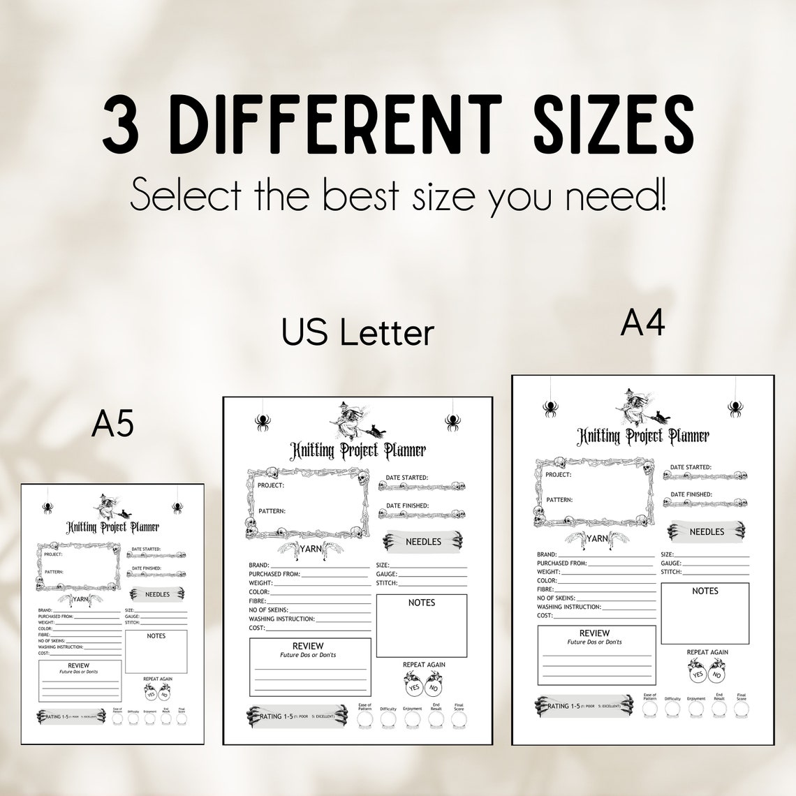 Spooky One Page Knitting Planner Witchy Knitting Journal Page, Gothic ...