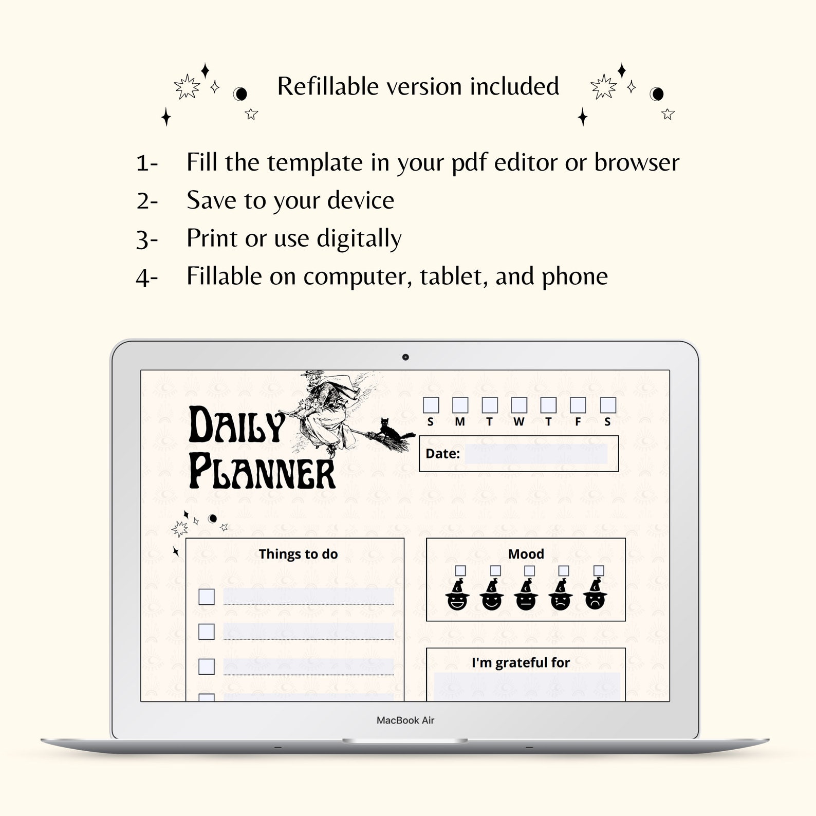 Witchy Daily Planner, Printable & Fillable Gothic Planner Witch Planner ...