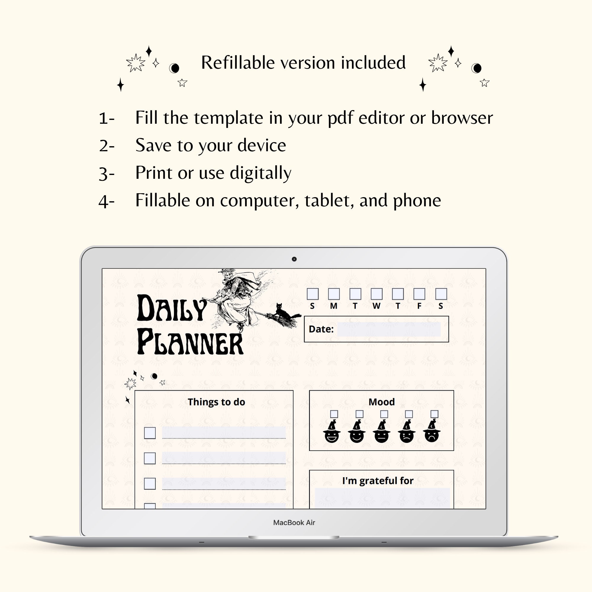 Witchy Daily Planner, Printable & Fillable Gothic Planner Witch Planner ...