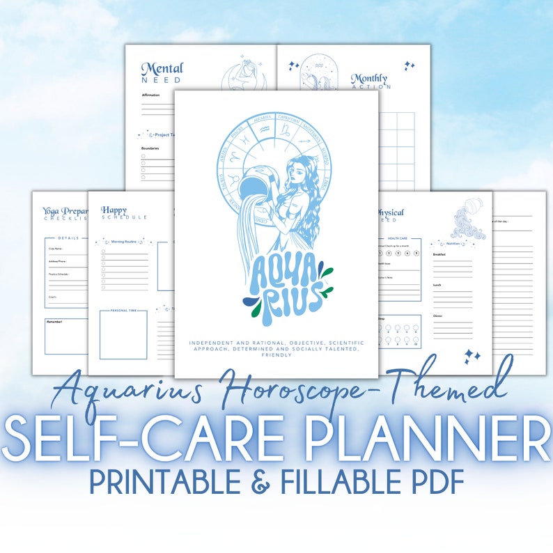 Aquarius-themed Blue Self Care Planner Printable & Fillable PDF ...