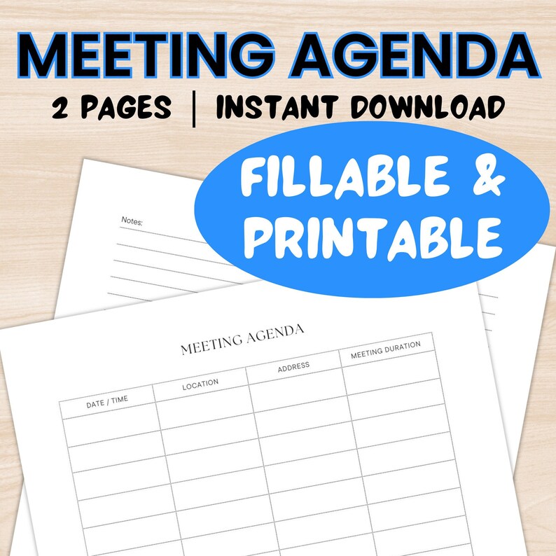 Printable & Fillable Meeting Agenda Meeting Notes Printable, Meeting ...