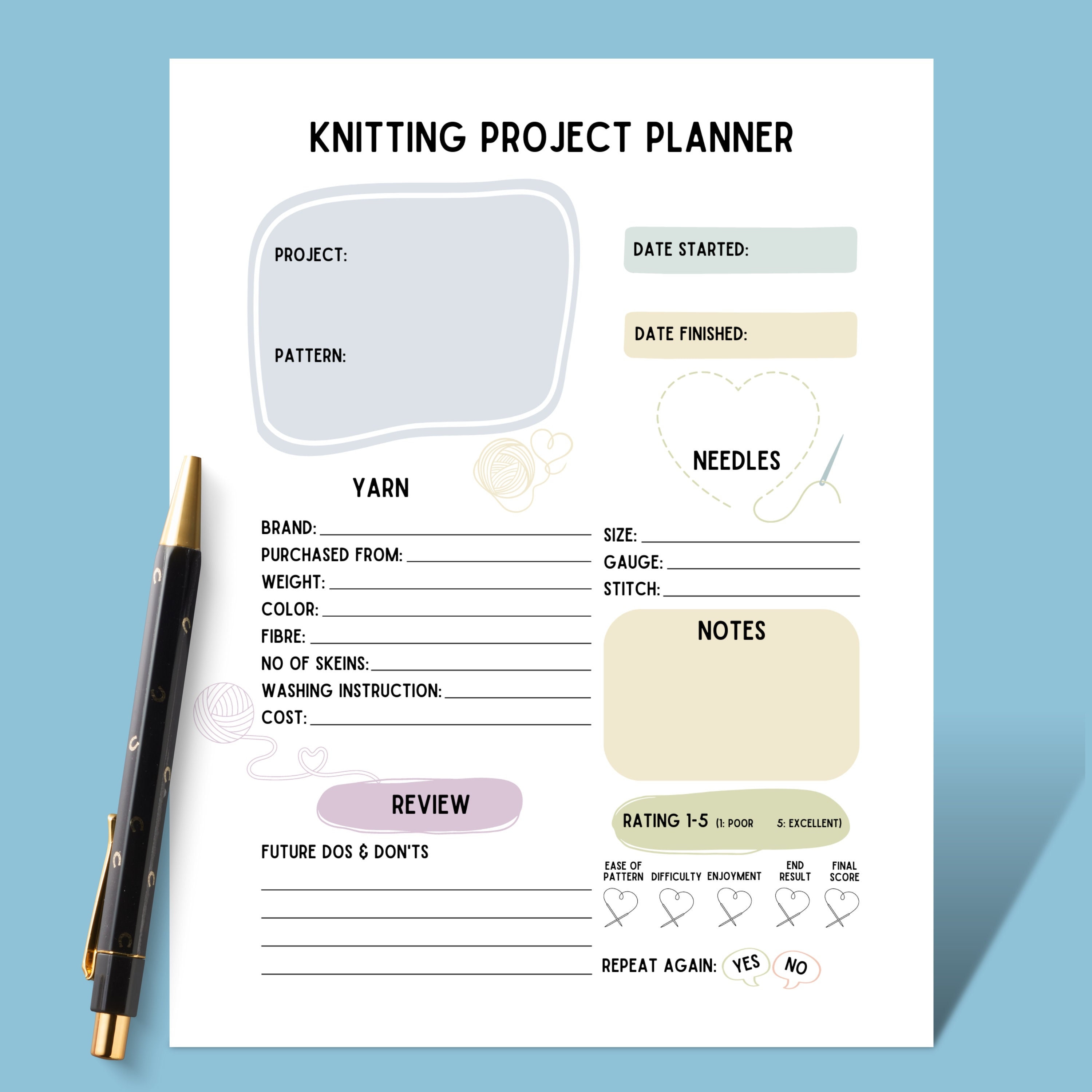 Printable One Page Knitting Planner Soft Color Knitting Journal Page ...