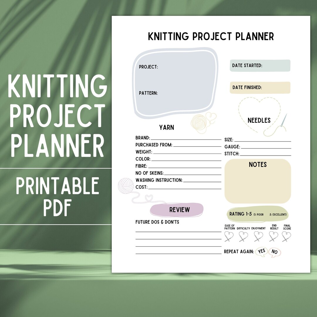 Printable One Page Knitting Planner Soft Color Knitting Journal Page ...