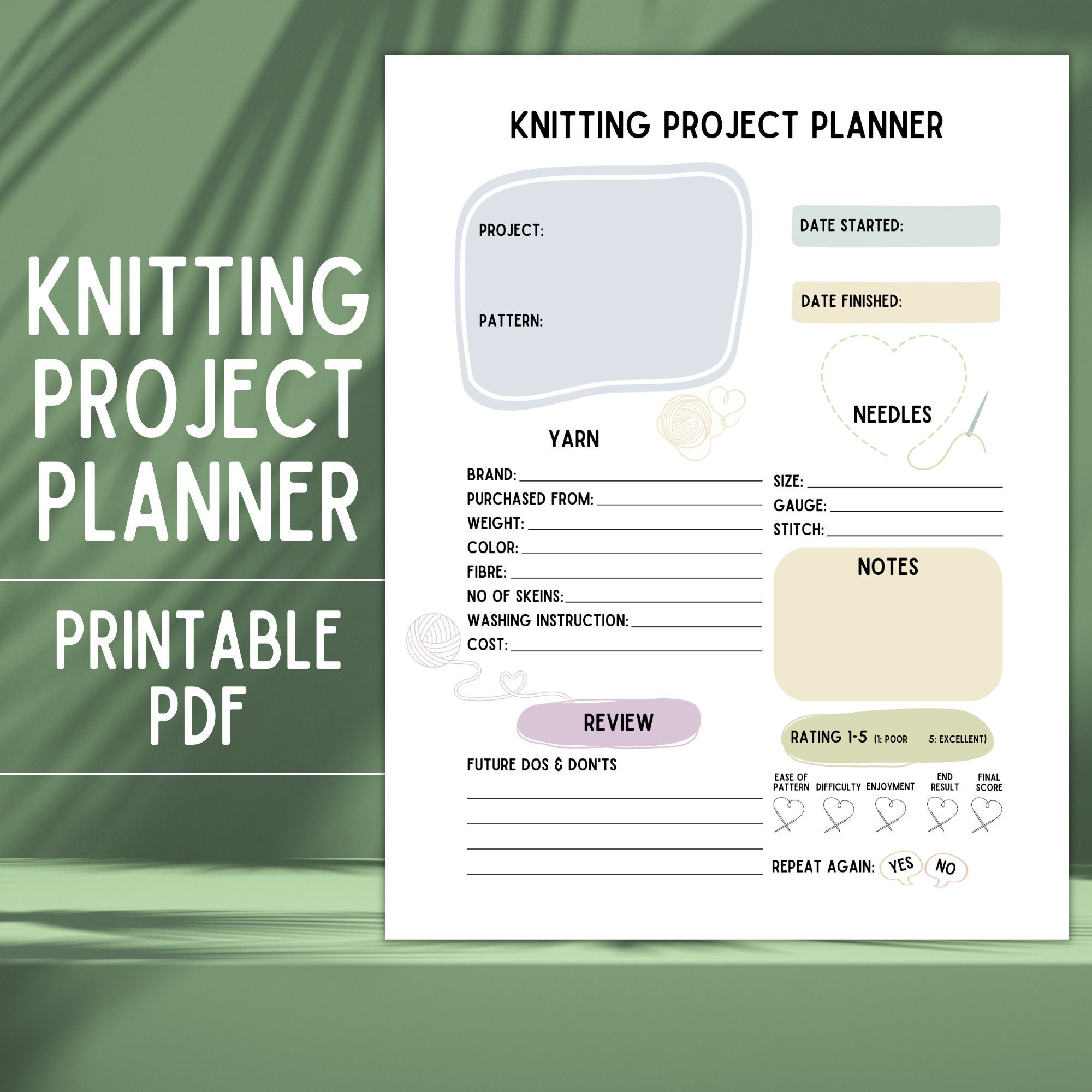 Printable One Page Knitting Planner Soft Color Knitting Journal Page ...