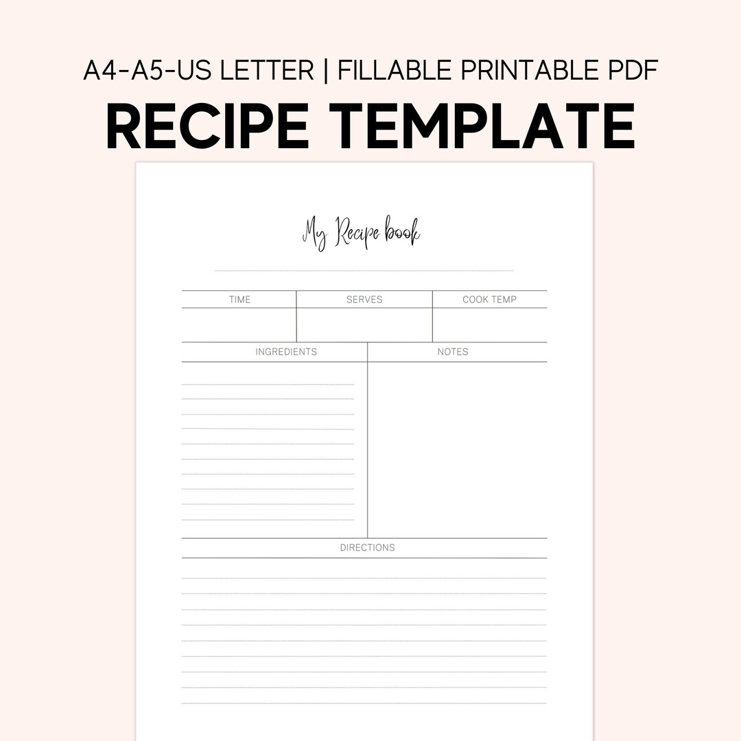 Minimal Recipe Template Printable, Blank Fillable Recipe Page, Digital ...
