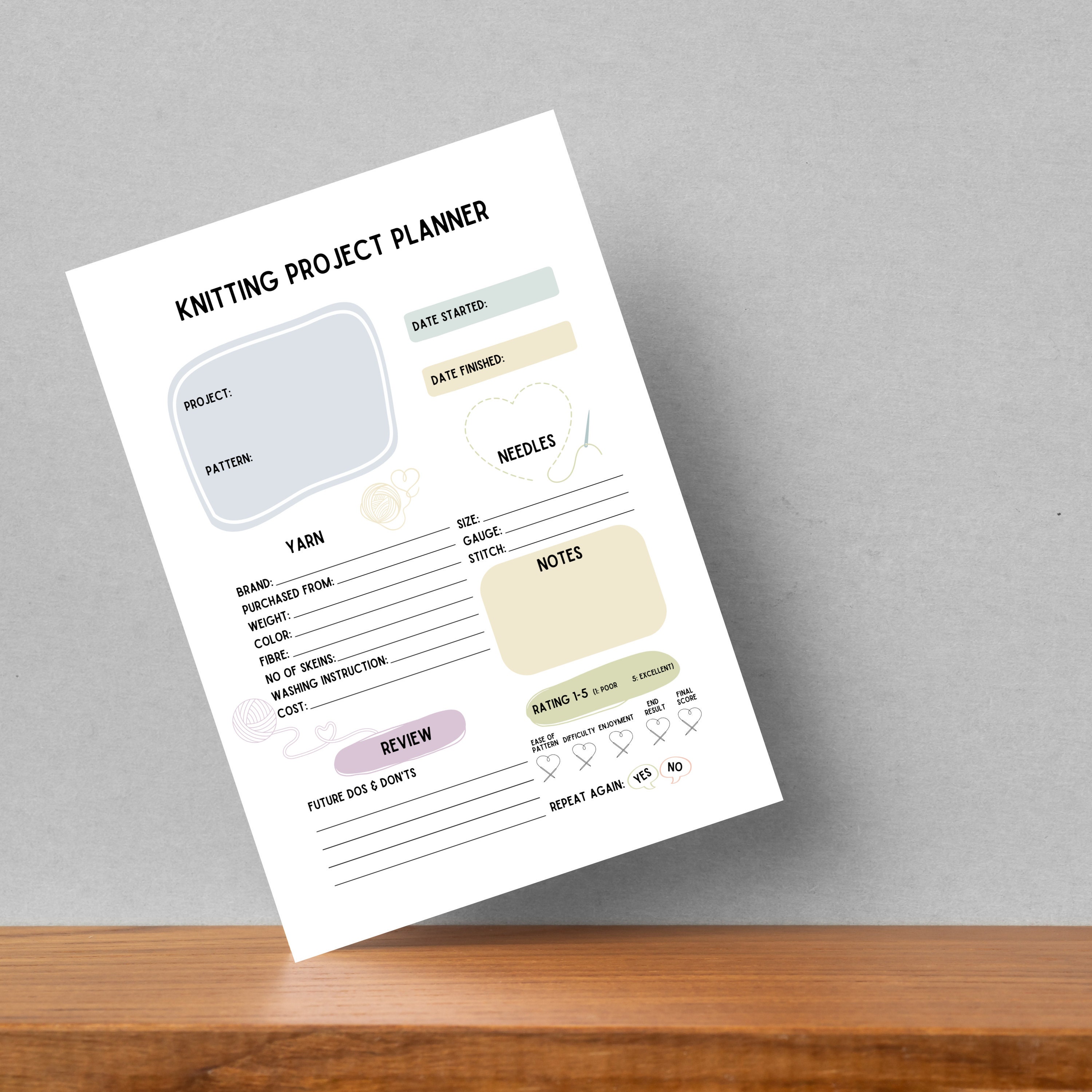 Printable One Page Knitting Planner Soft Color Knitting Journal Page ...