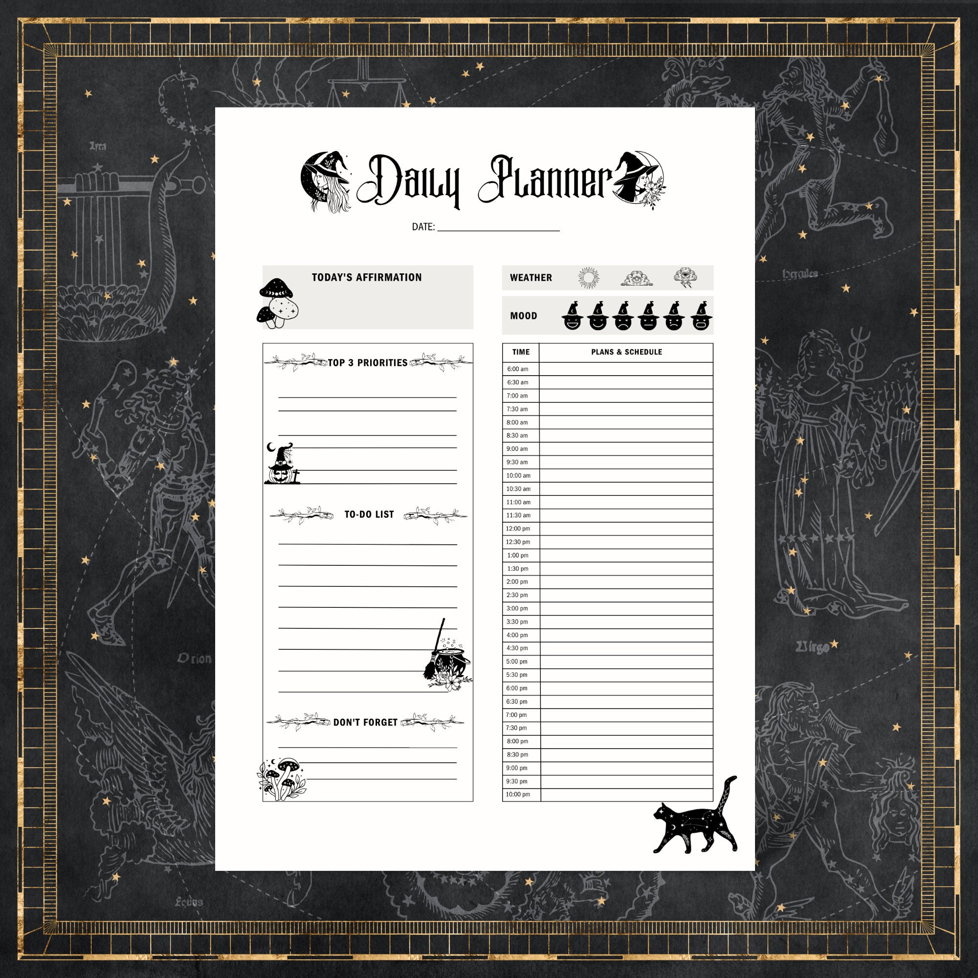 Witchy Daily Planner Printable Goth Planner Hourly Planner, Witch ...