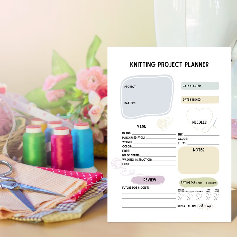 Printable One Page Knitting Planner Soft Color Knitting Journal Page ...