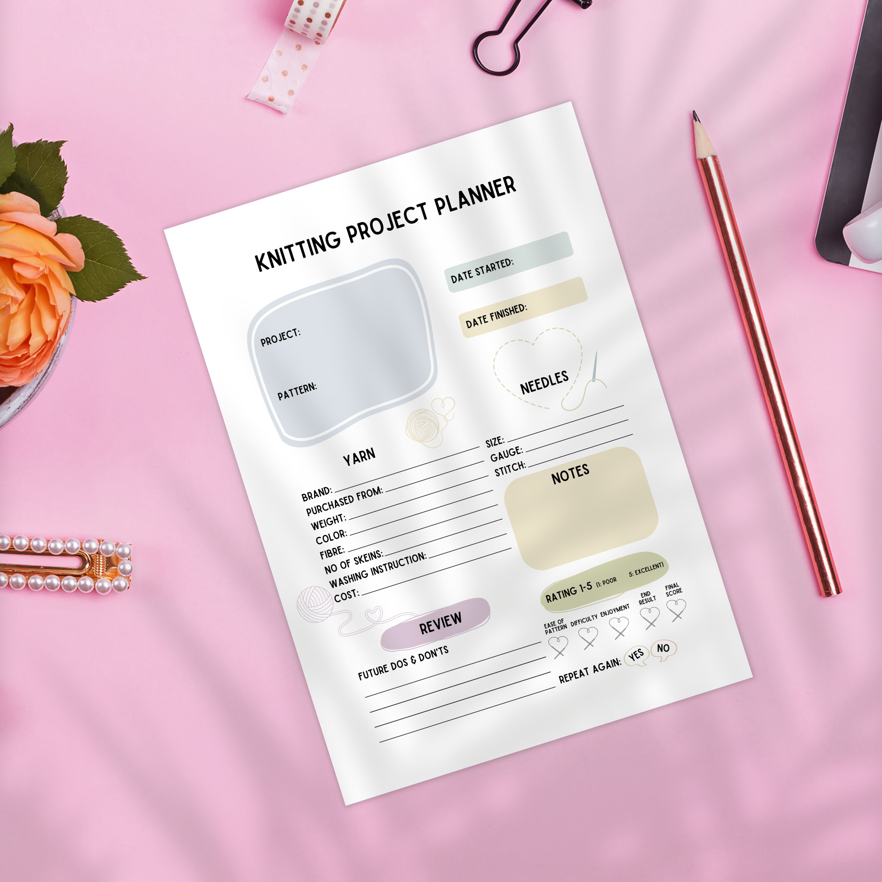 Printable One Page Knitting Planner Soft Color Knitting Journal Page ...