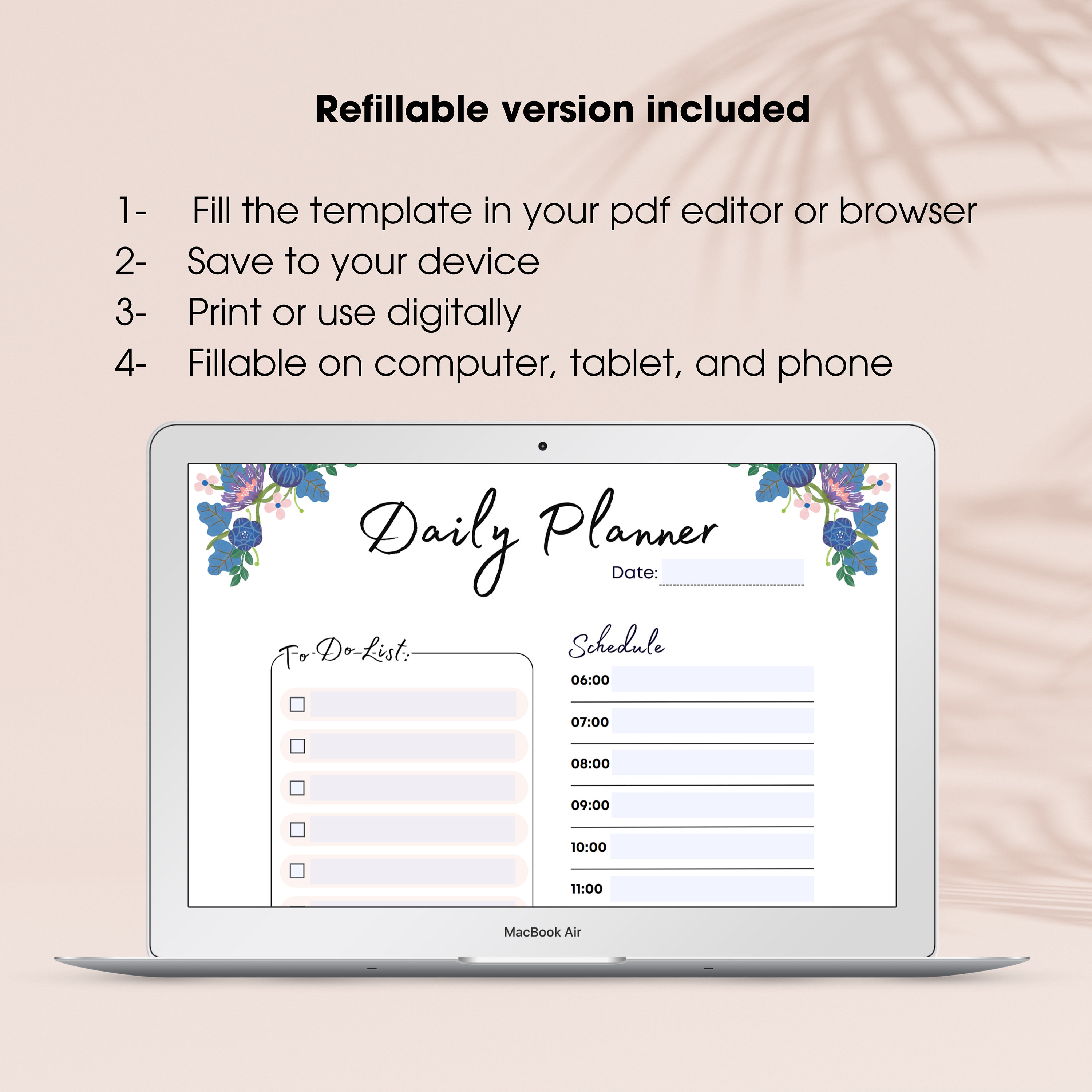 Floral Daily Planner Printable Fillable Pdf Daily Checklist - Etsy