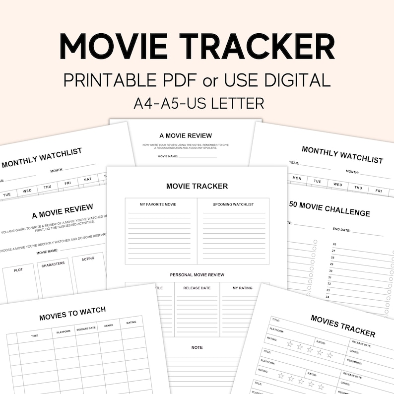Minimal Movie Tracker Printable PDF Movie Challenge Printable, Movies ...