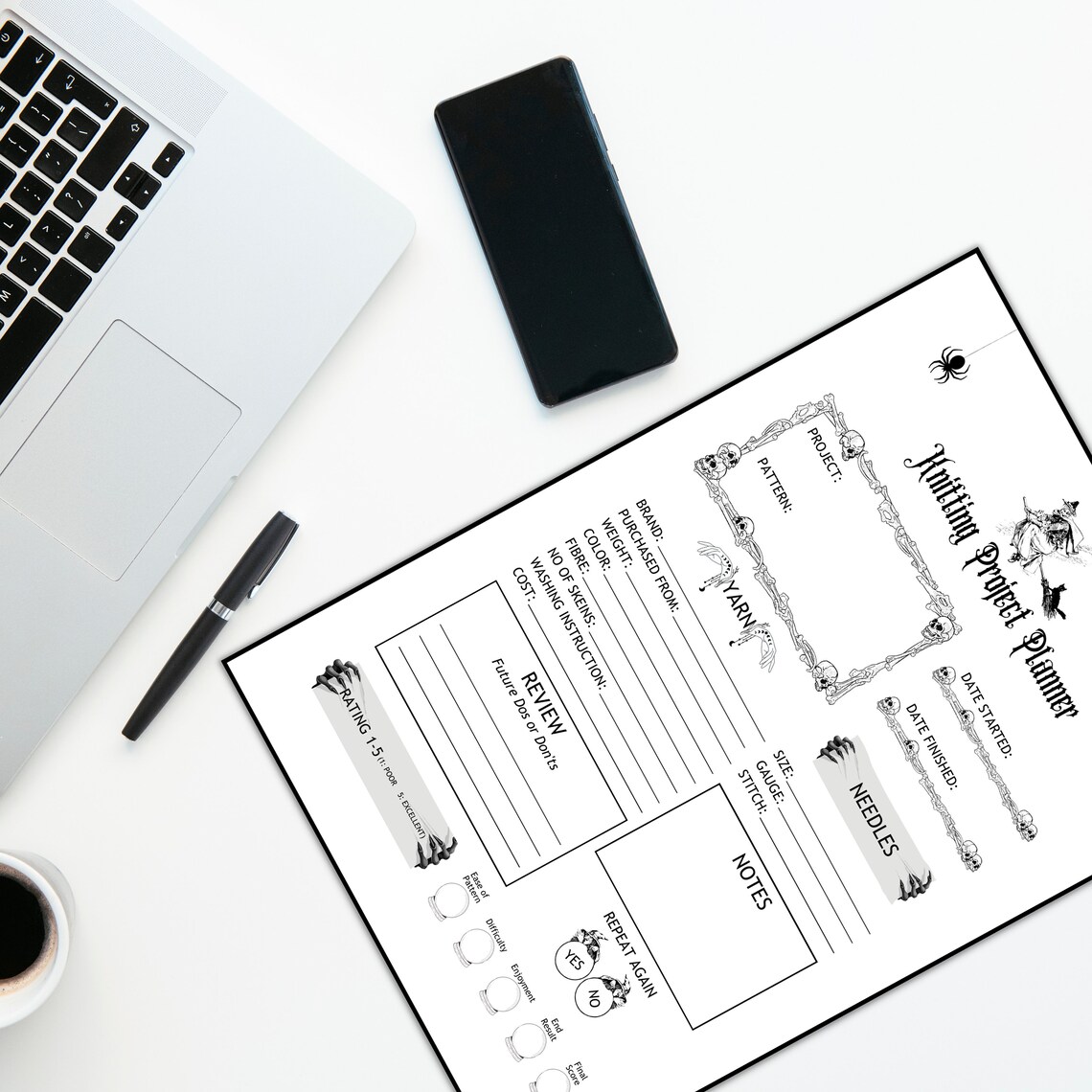 Spooky One Page Knitting Planner Witchy Knitting Journal Page, Gothic ...
