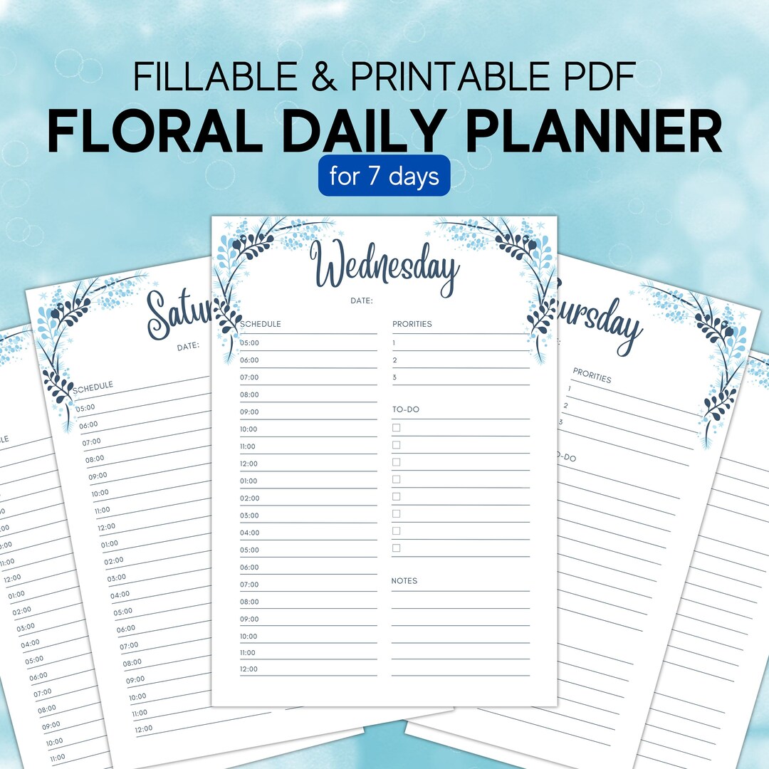 Blue Floral Daily Planner Fillable Printable Pdf, Hourly Planner ...