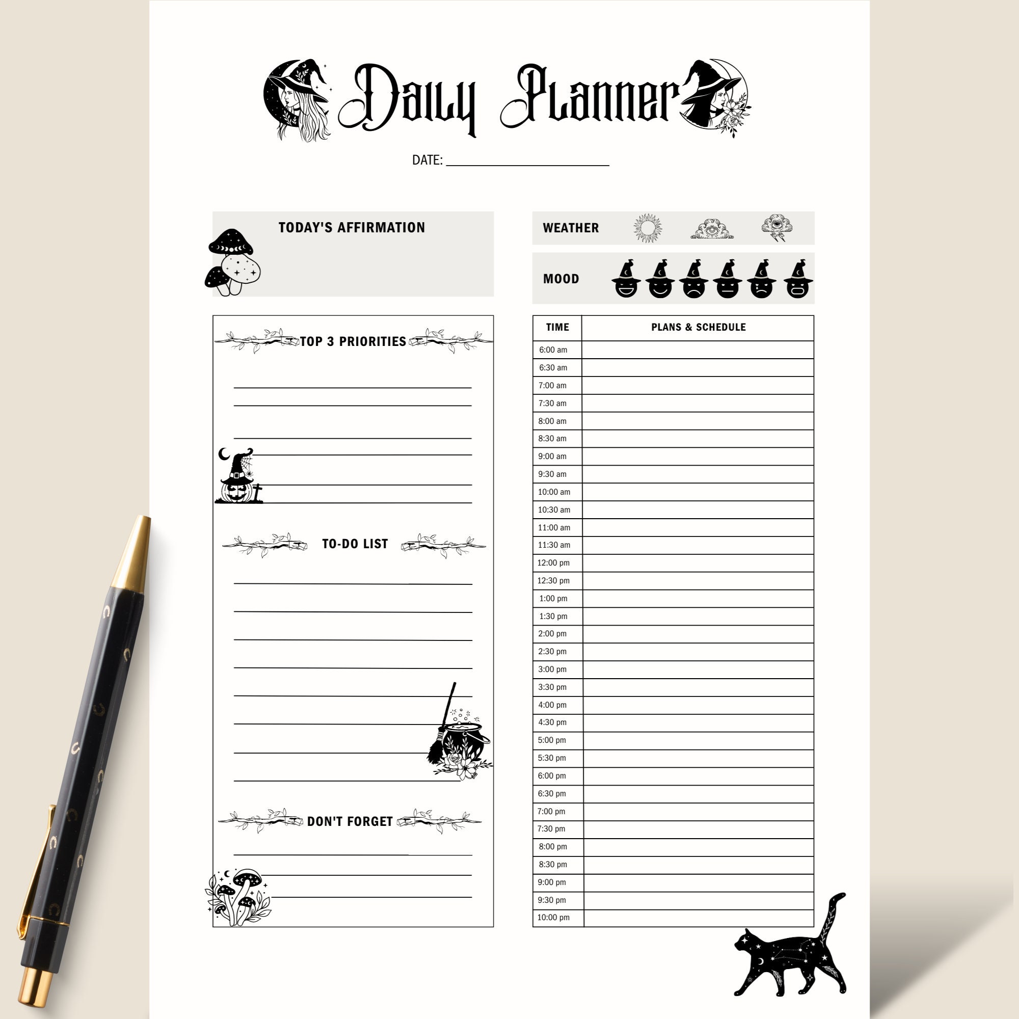 Witchy Daily Planner Printable, Gothic Hourly Schedule (A4/A5/US Letter ...