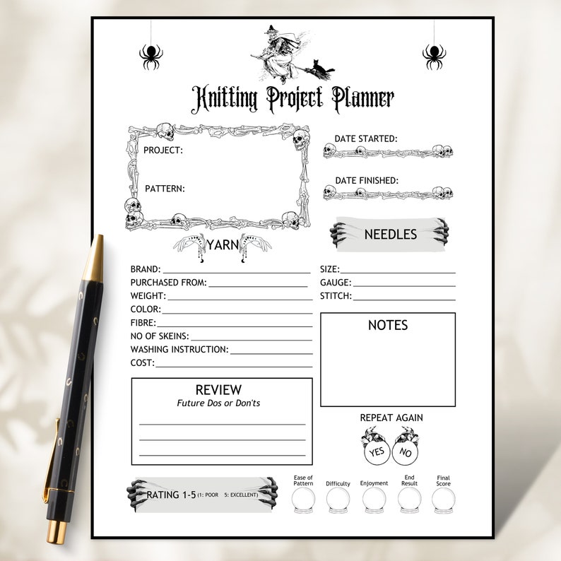 Spooky One Page Knitting Planner Witchy Knitting Journal Page, Gothic ...