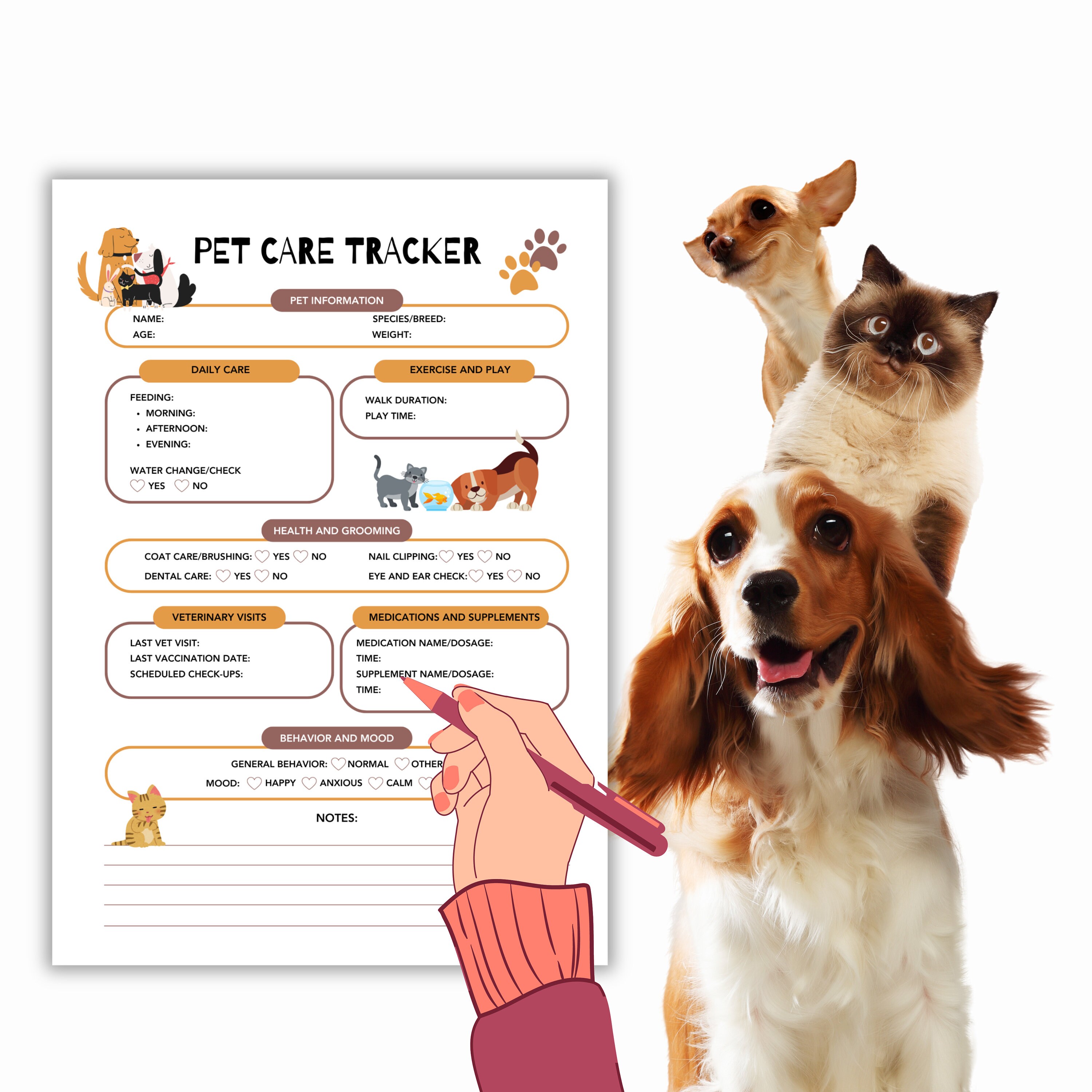 Pet Care Tracker PDF for Dogs and Cats, Daily Health Log, Essential Pet ...