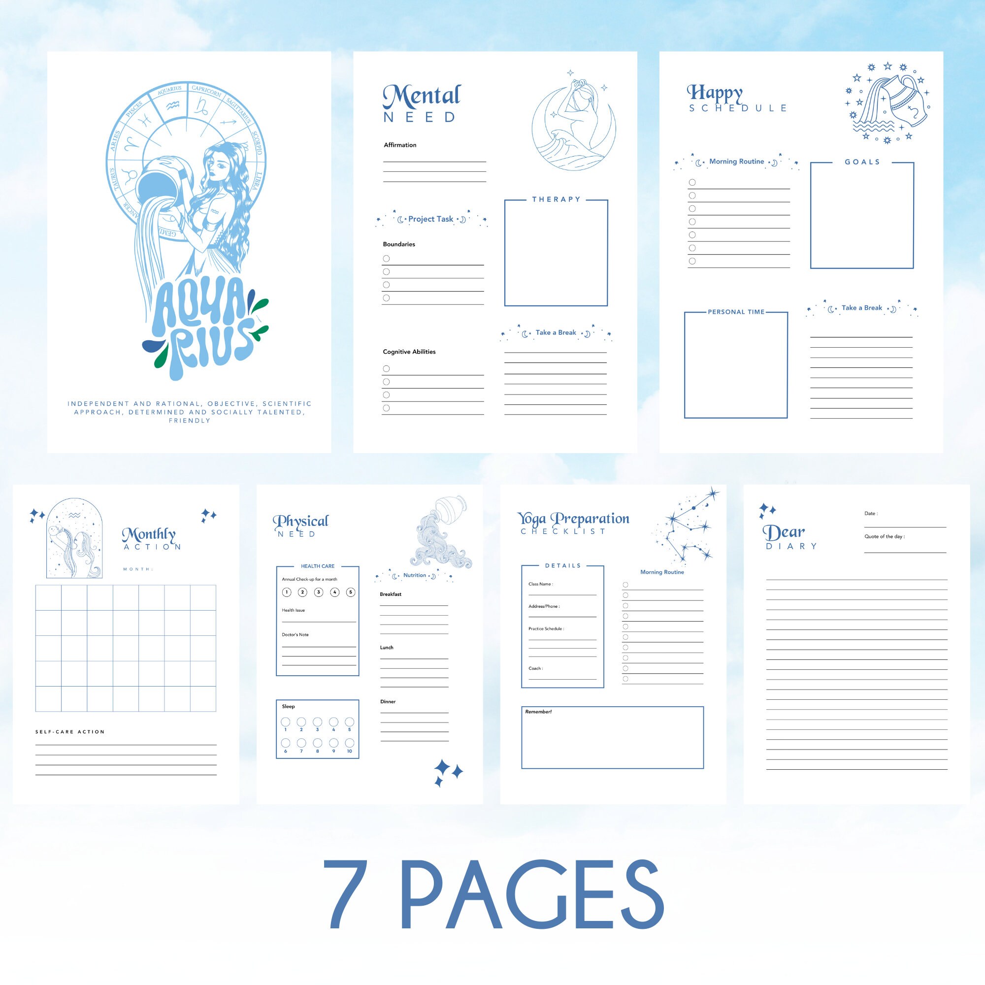 Aquarius-themed Blue Self Care Planner Printable & Fillable PDF ...
