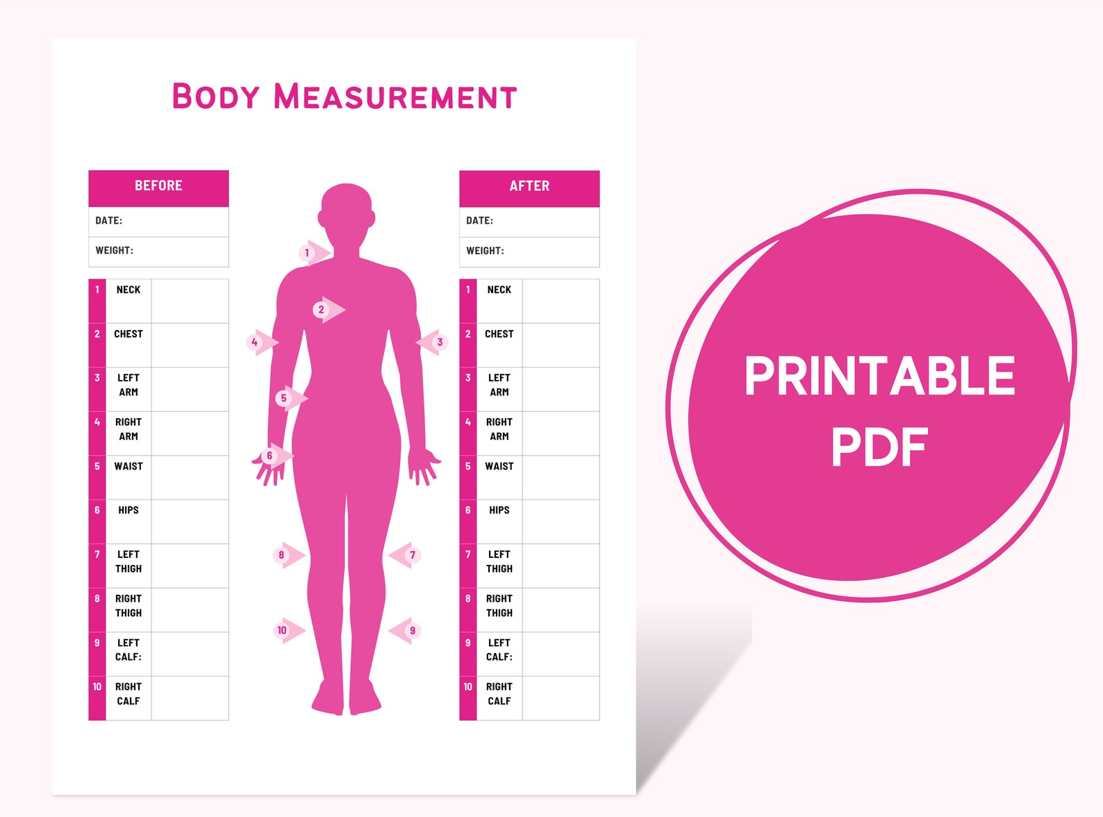 Hot Pink Body Measurement Tracker Printable, Fitness Progress Chart ...