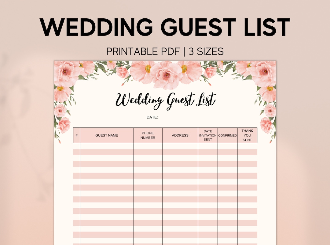 Pink Floral Wedding Guest List, Printable Planner (PDF) - Etsy