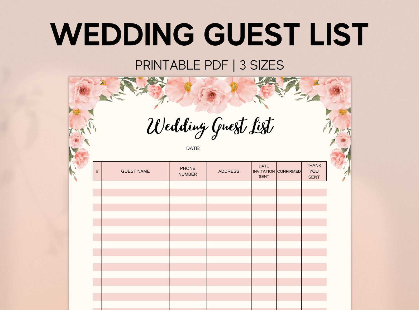 Pink Floral Wedding Guest List, Printable Planner (PDF) - Etsy