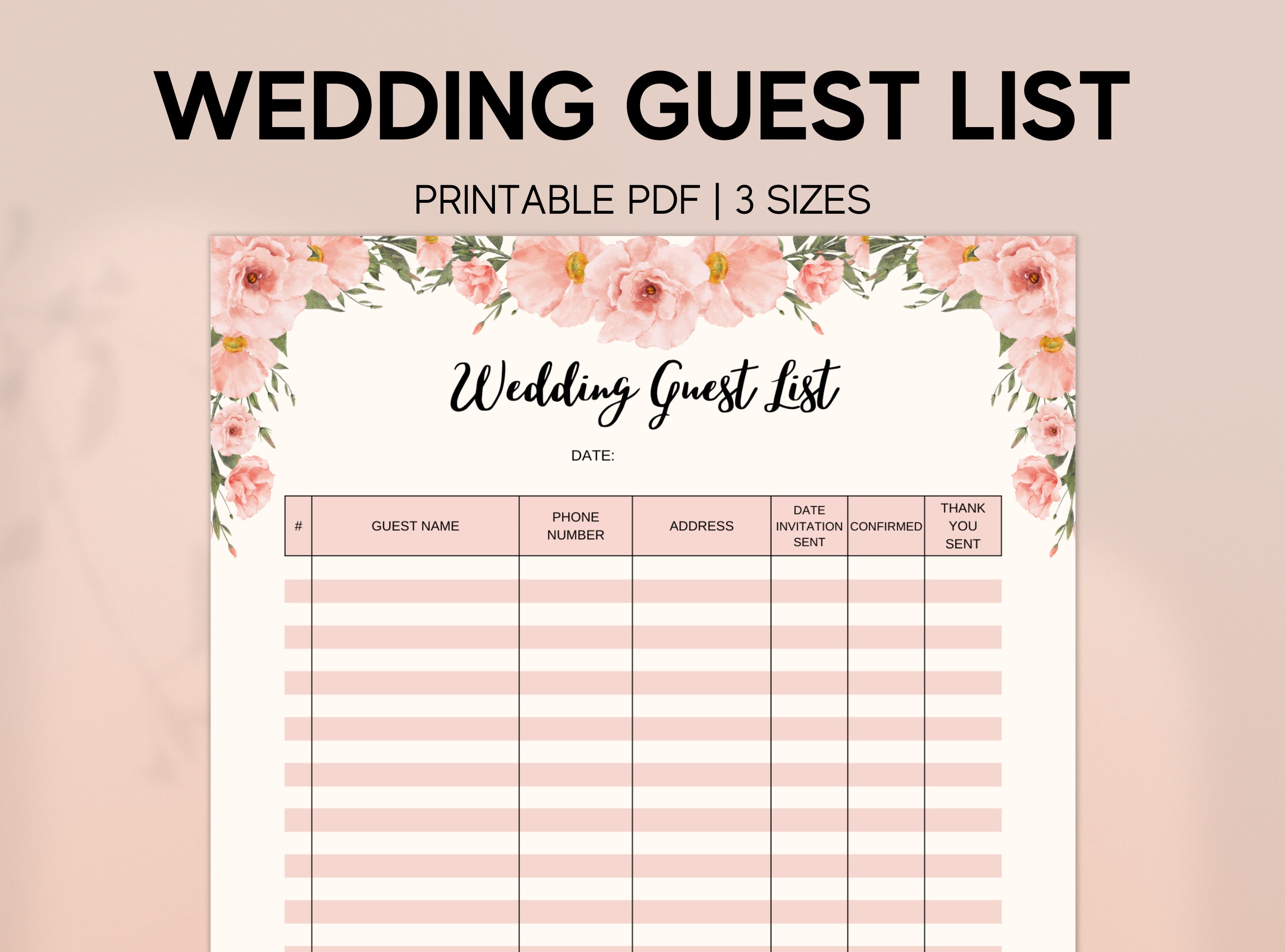 Pink Floral Wedding Guest List, Printable Planner (PDF) - Etsy