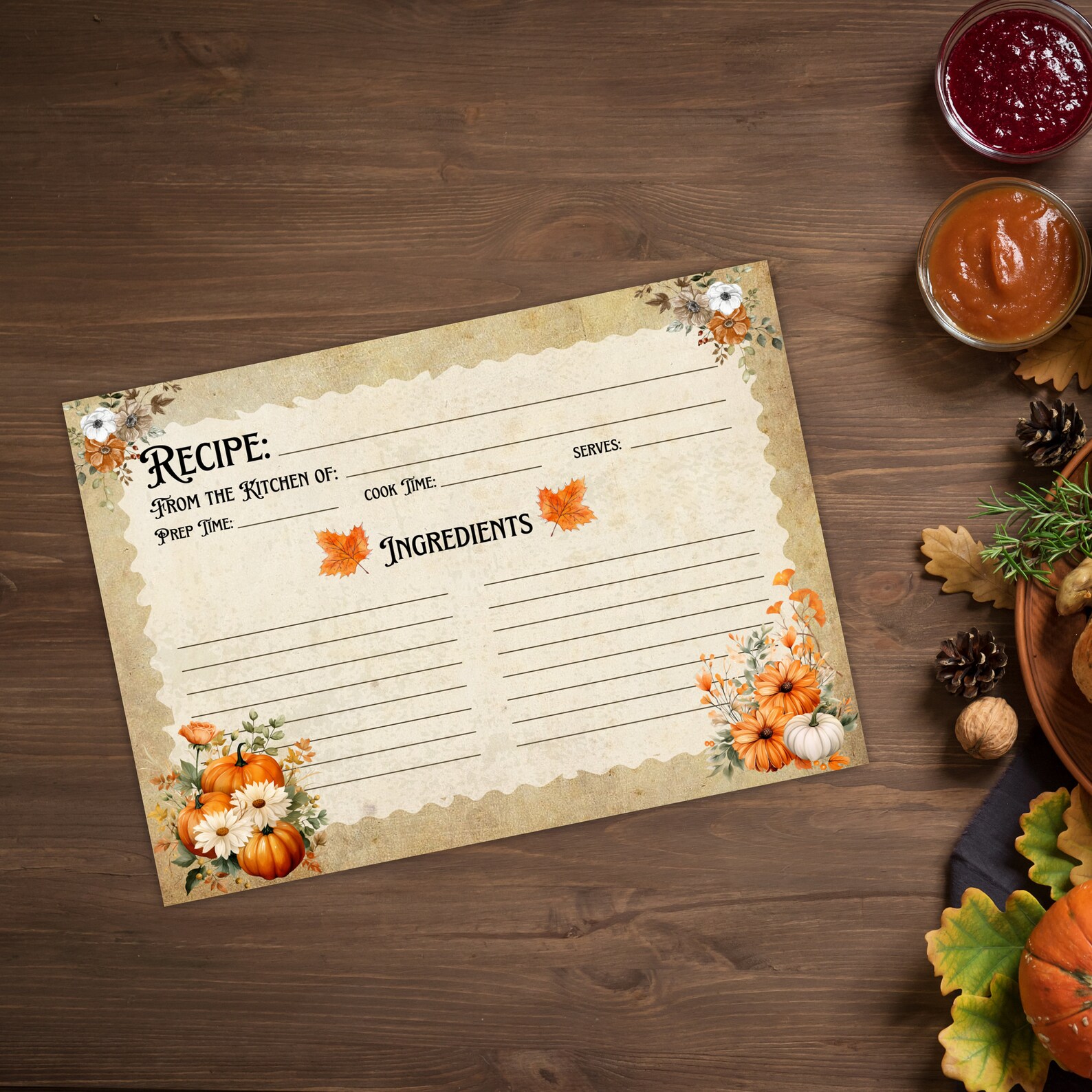 Fall Blank Recipe Card Template Printable Recipe Binder Kit, Autumn ...