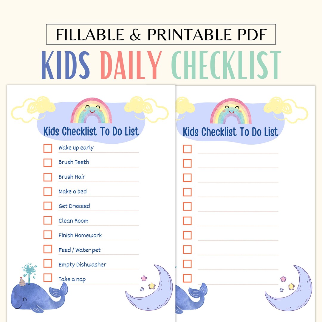 Kids Daily School Checklist Printable Chore Chart for Kids, Daily ...
