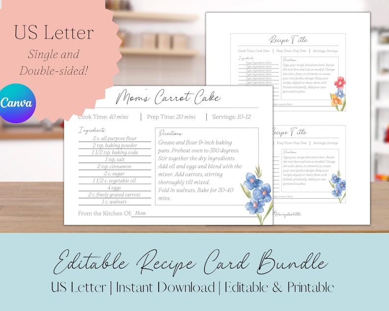 Recipe Cards Editable and Printable Template, Floral Theme Recipe Cards ...