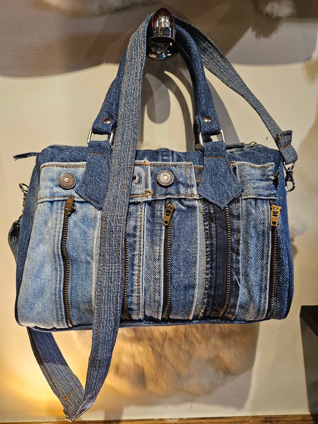Handmade Denim Boston Bag: Urban Blue Horizon, Stylish Handbag - Etsy