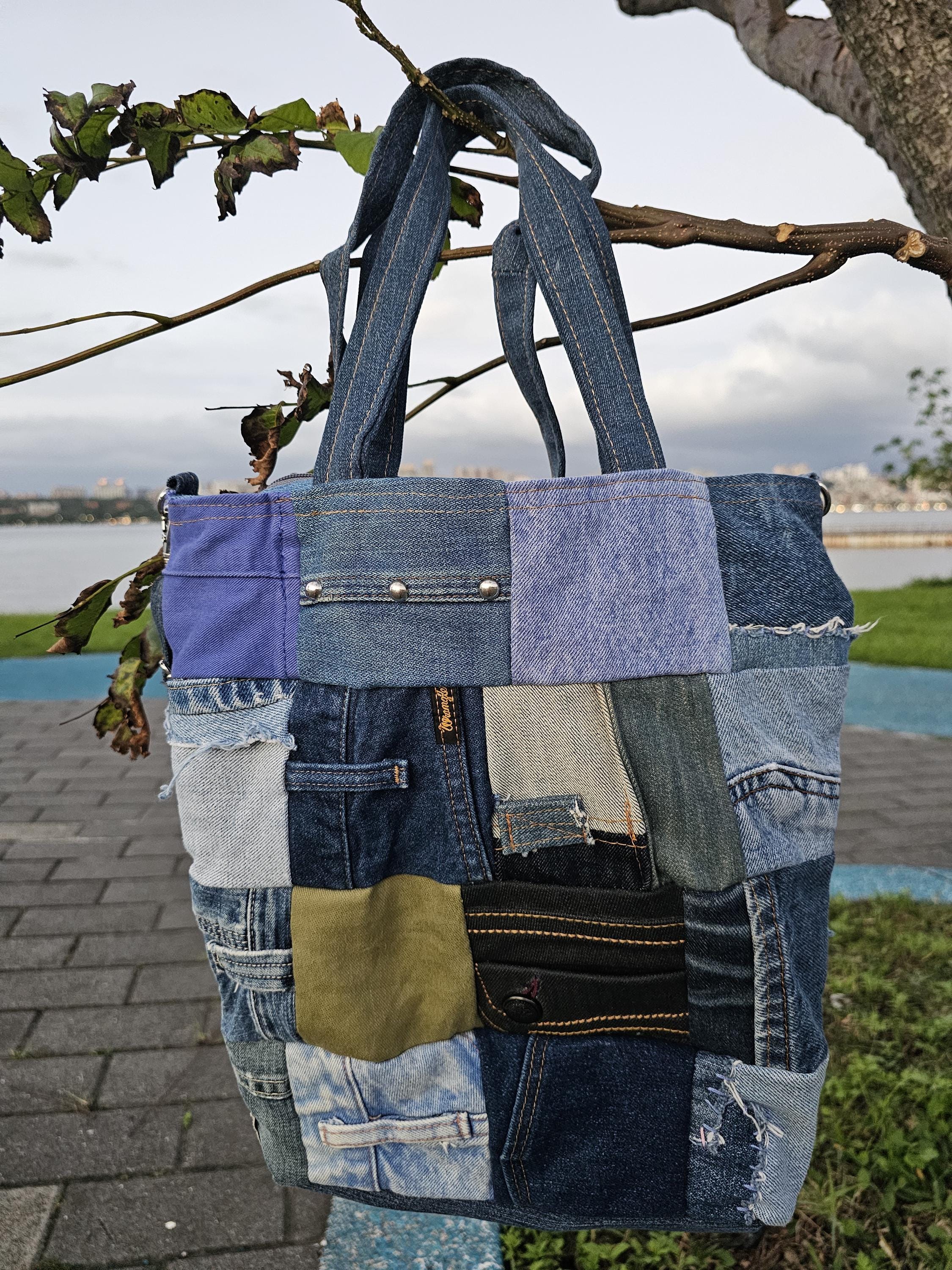 Handmade Patchwork Denim Shoulder Bag: Large Reversible Jean Tote - Etsy