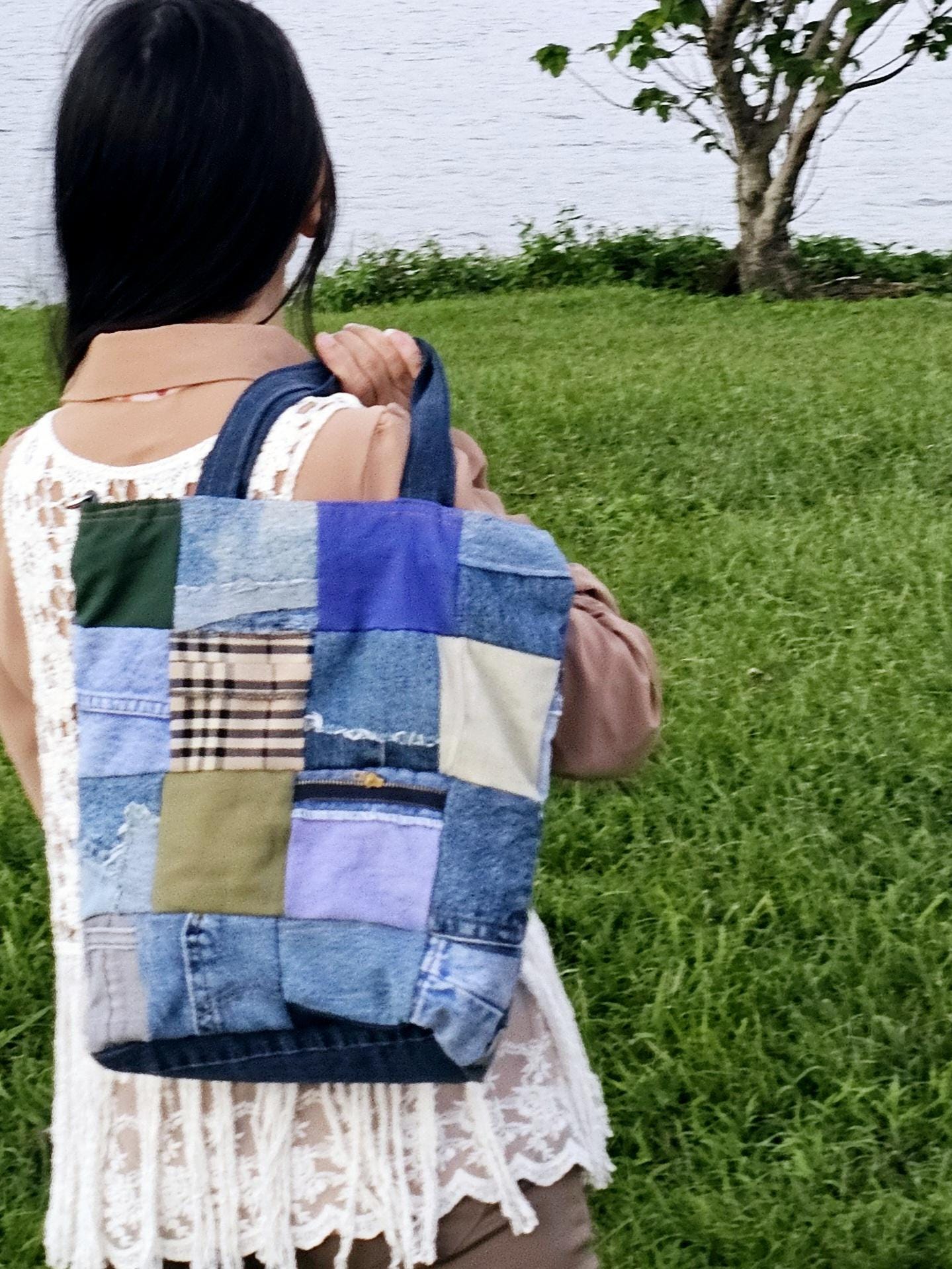 Handmade Patchwork Denim Shoulder Bag: Large Reversible Jean Tote - Etsy