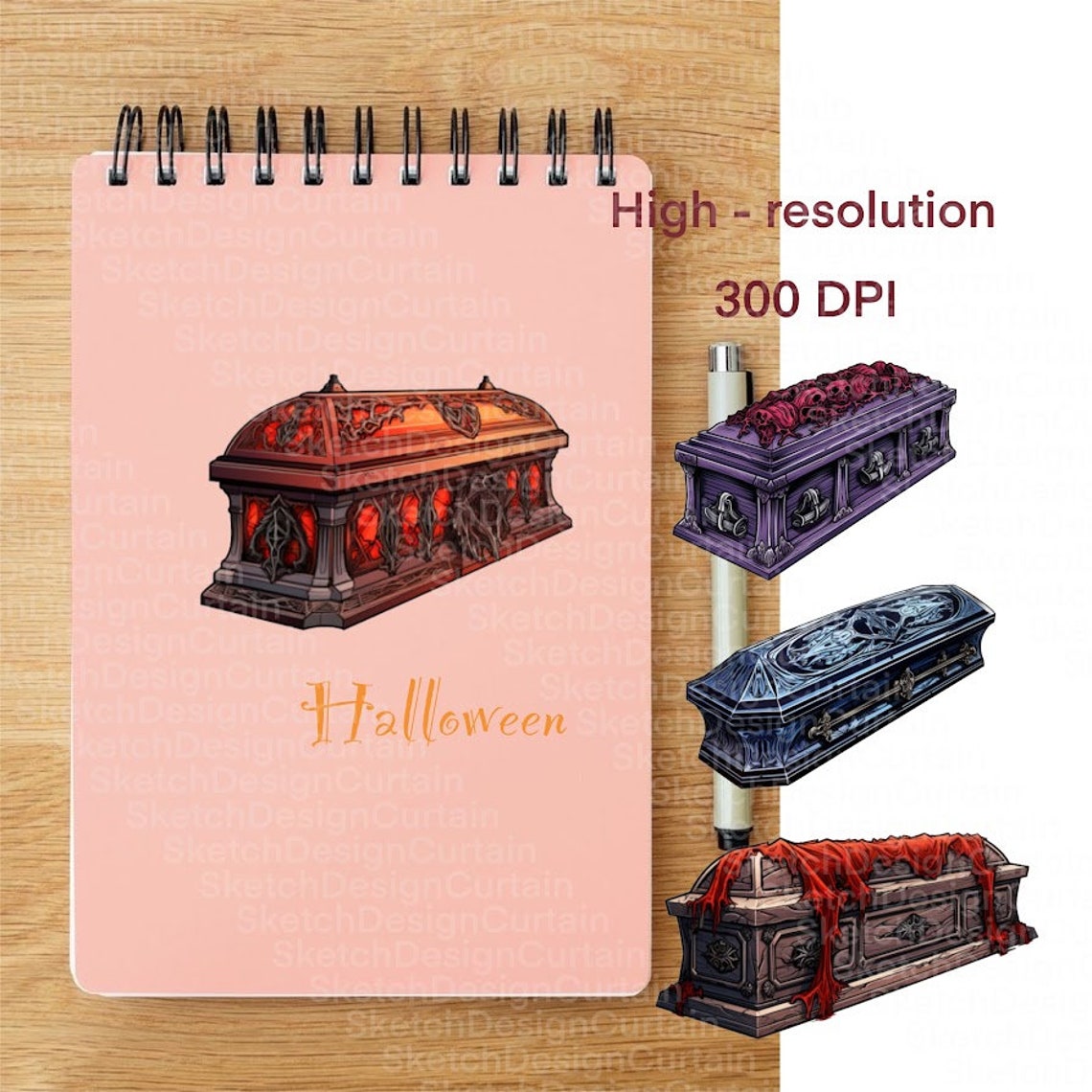 Spooky Halloween Coffin Clipart Set/watercolor PNG Coffin Illustrations ...