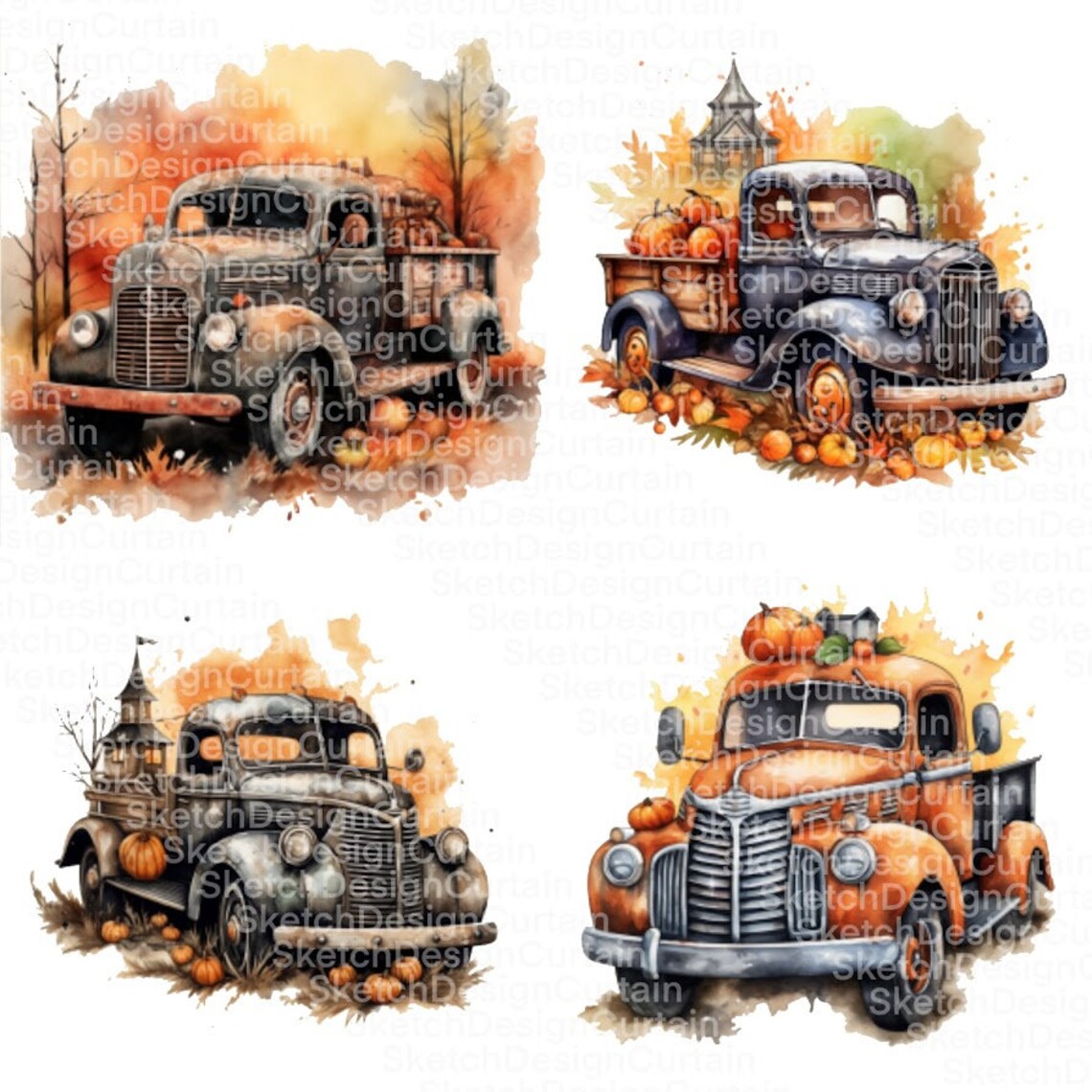 Watercolor 12 Autumn Pumpkin Trucks Png/clipart Vintage Pumpkin Truck ...
