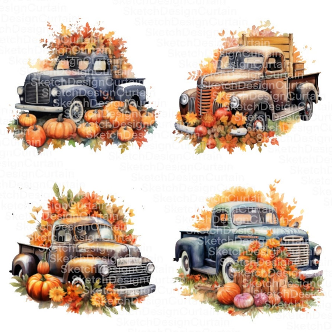 Watercolor 12 Autumn Pumpkin Trucks Png/clipart Vintage Pumpkin Truck ...