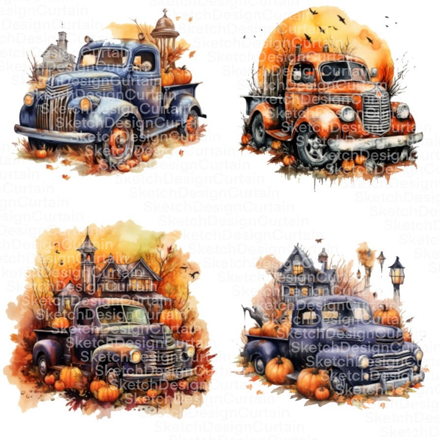 Watercolor 12 Autumn Pumpkin Trucks Png/clipart Vintage Pumpkin Truck ...