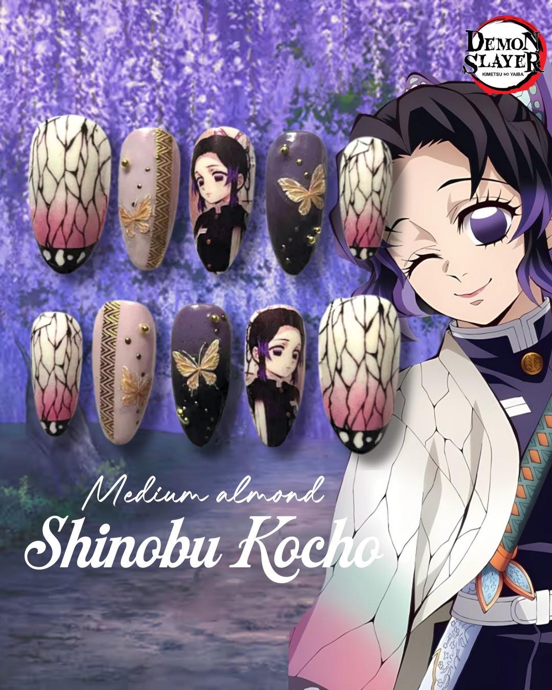 Press-on Nails Shinobu Kocho Demon Slayer / False Nails / Handmade - Etsy