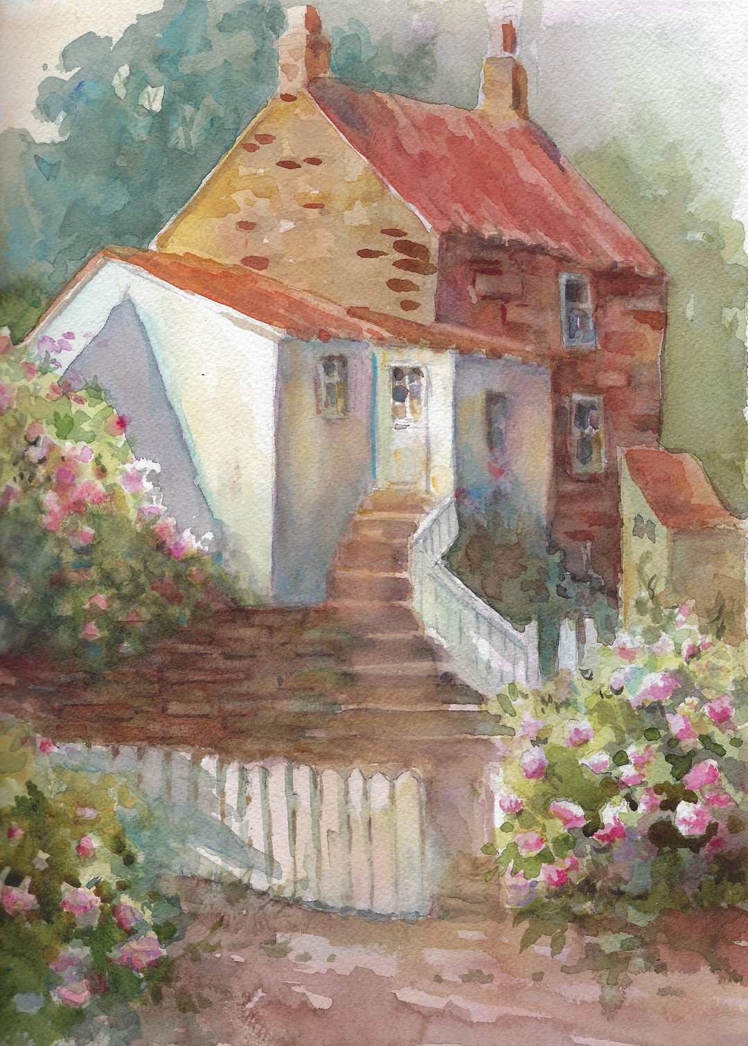 Rose Cottage Print, Rose Garden Watercolor Painting, Cottage Painting ...