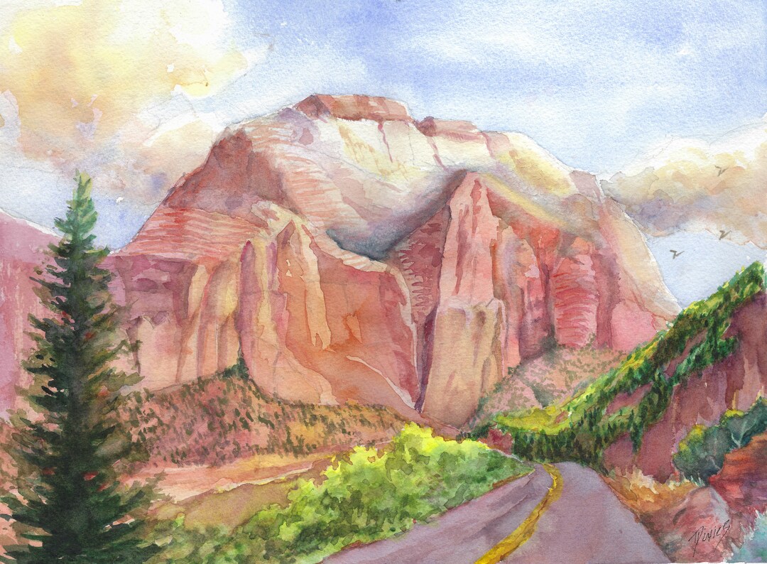 Zion National Park Print, the Cliffs of Zion, Watercolor Painting, Utah ...